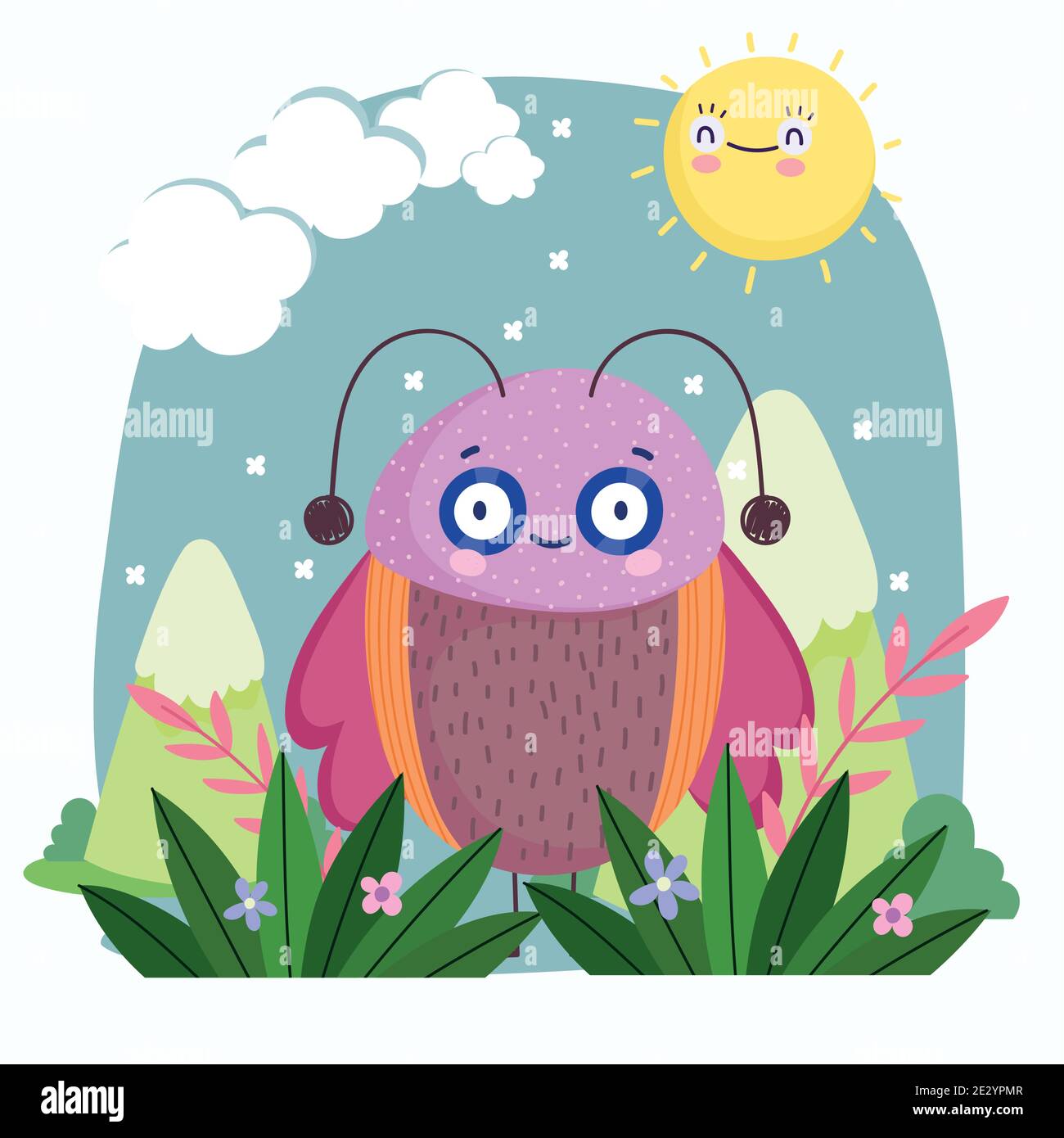 funny bug with pink wings animal mountains sky cartoon vector ...
