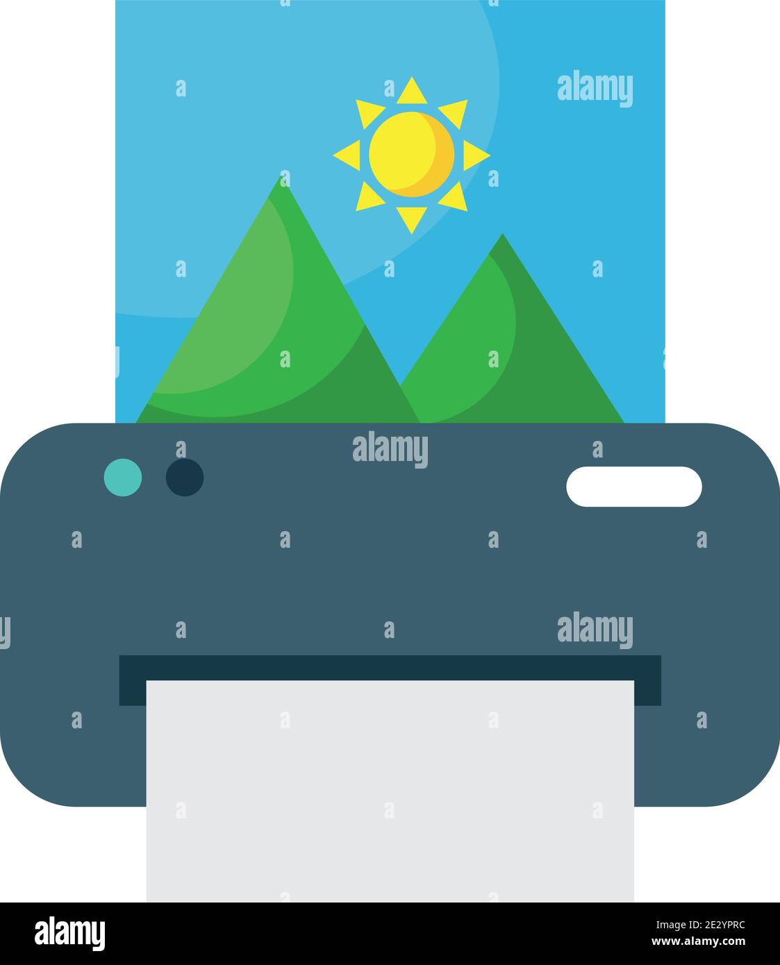 printer printing picture with mountains and sun scene flat style icon ...