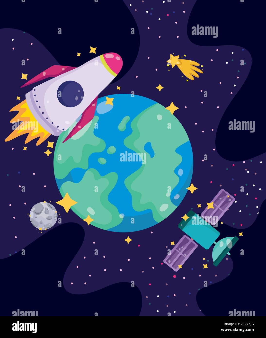 space planet earth rocket satellite moon shooting star cartoon vector ...