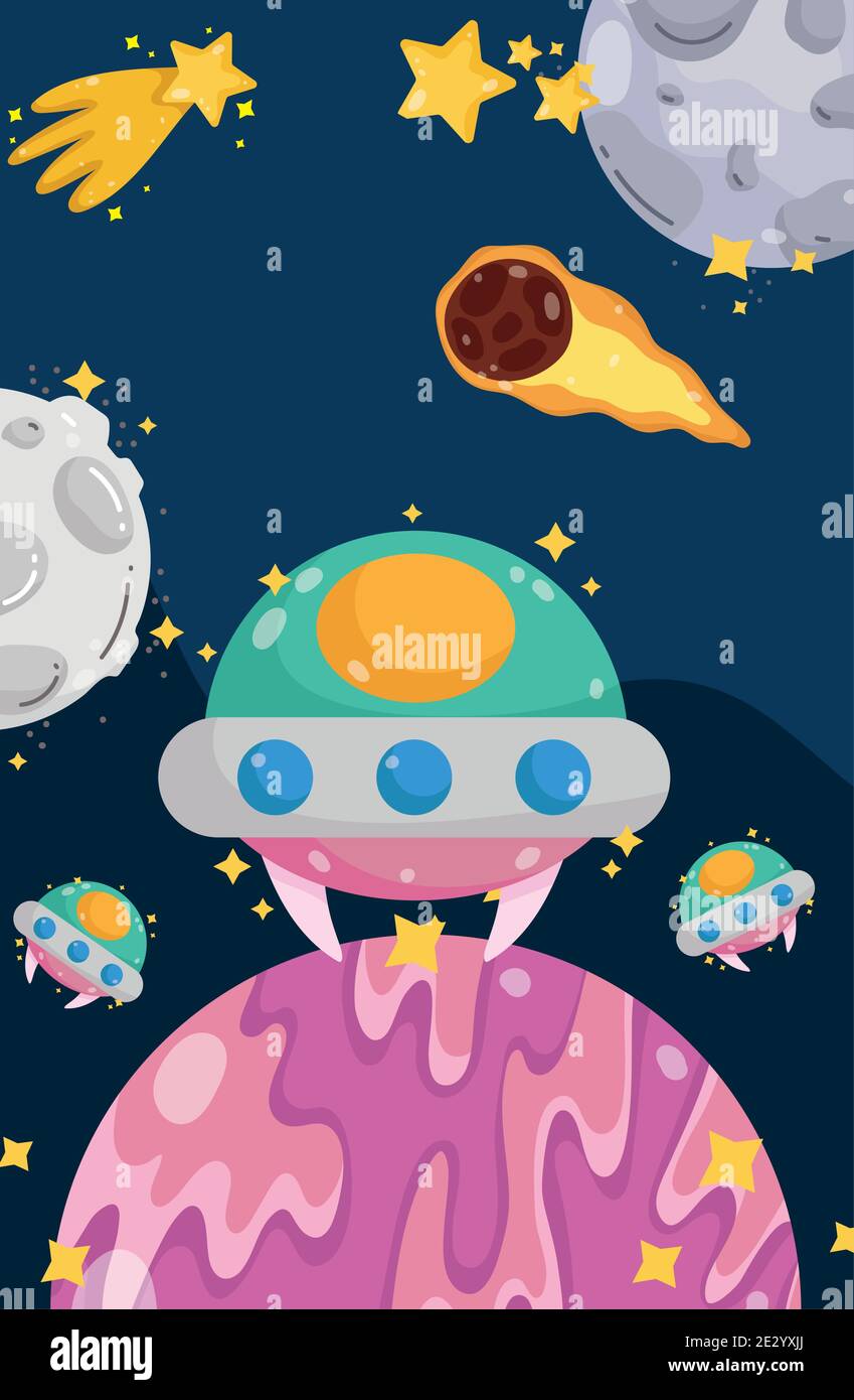 space ufo planet moon comet shooting stars cosmos cartoon vector ...