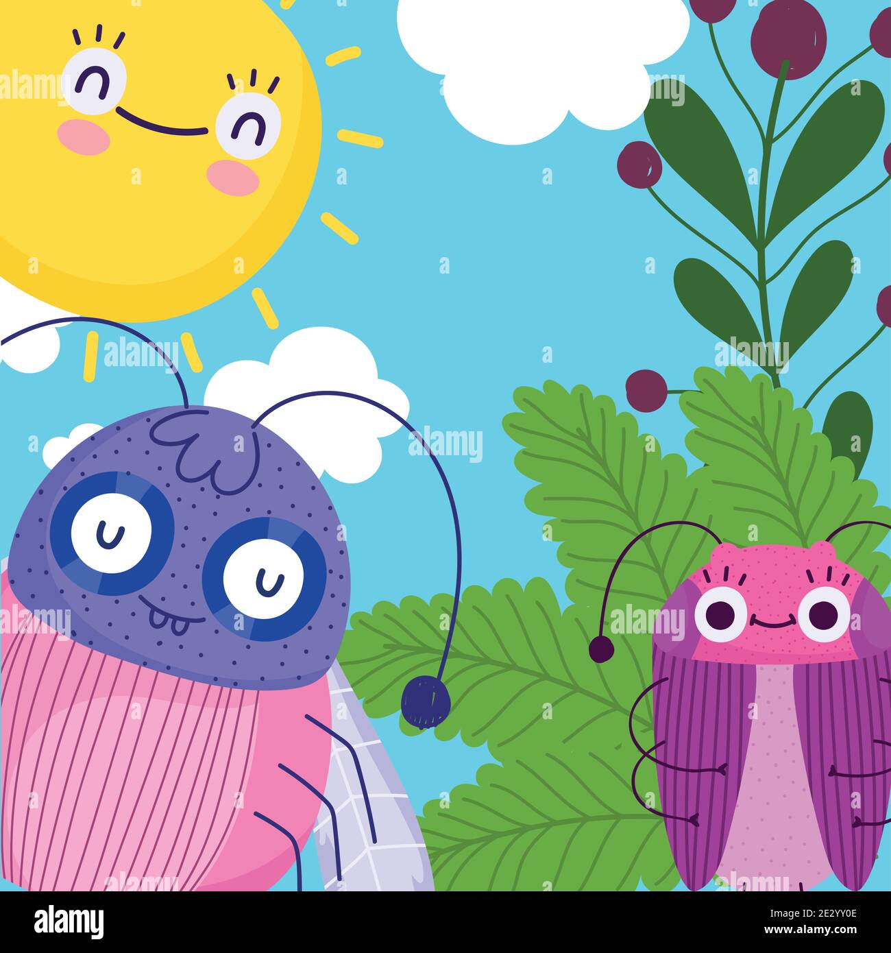 funny bugs vegetation nature and sun cartoon vector illustration Stock ...