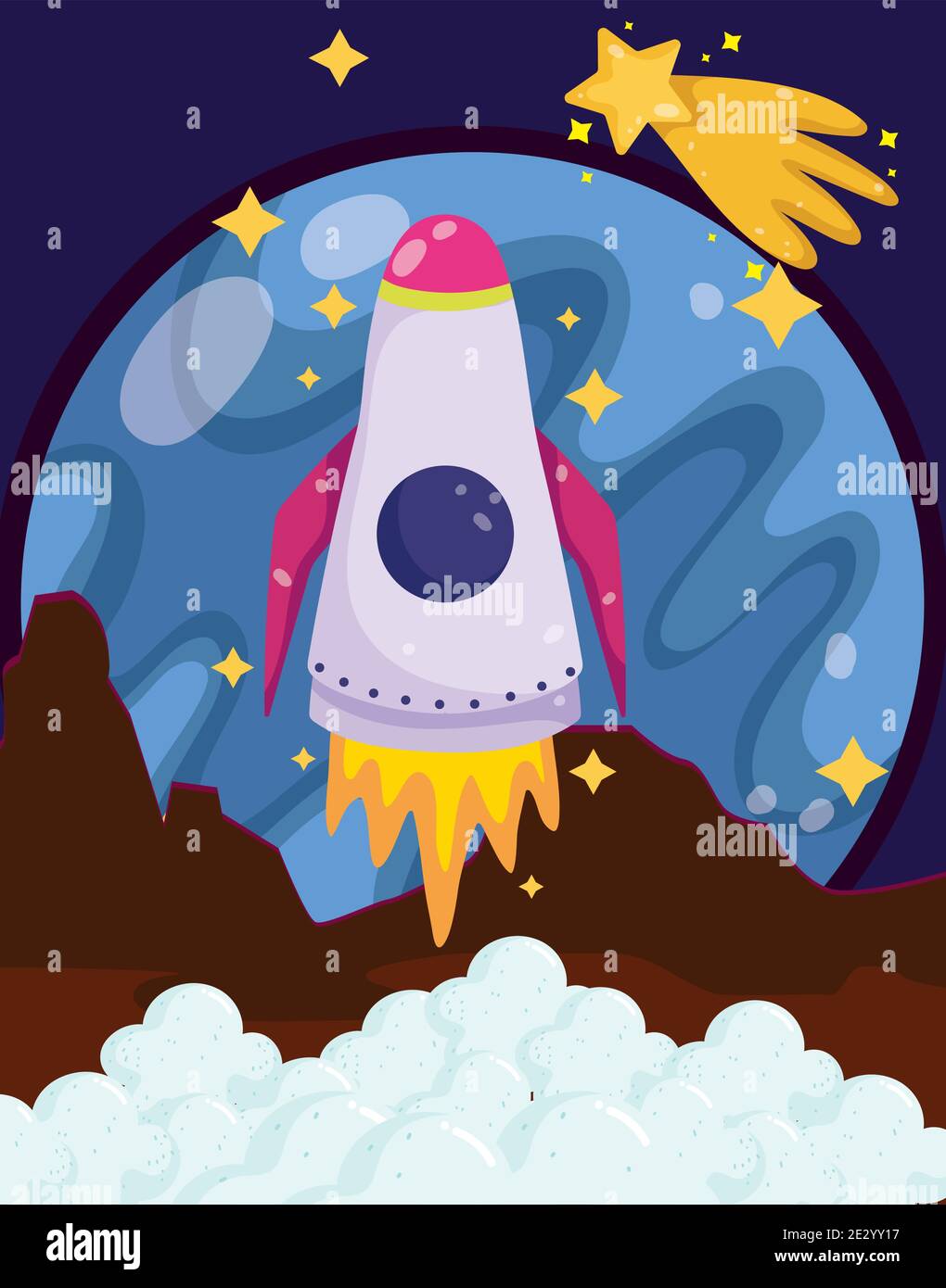 space rocket launch from planet surface shooting star cartoon vector ...