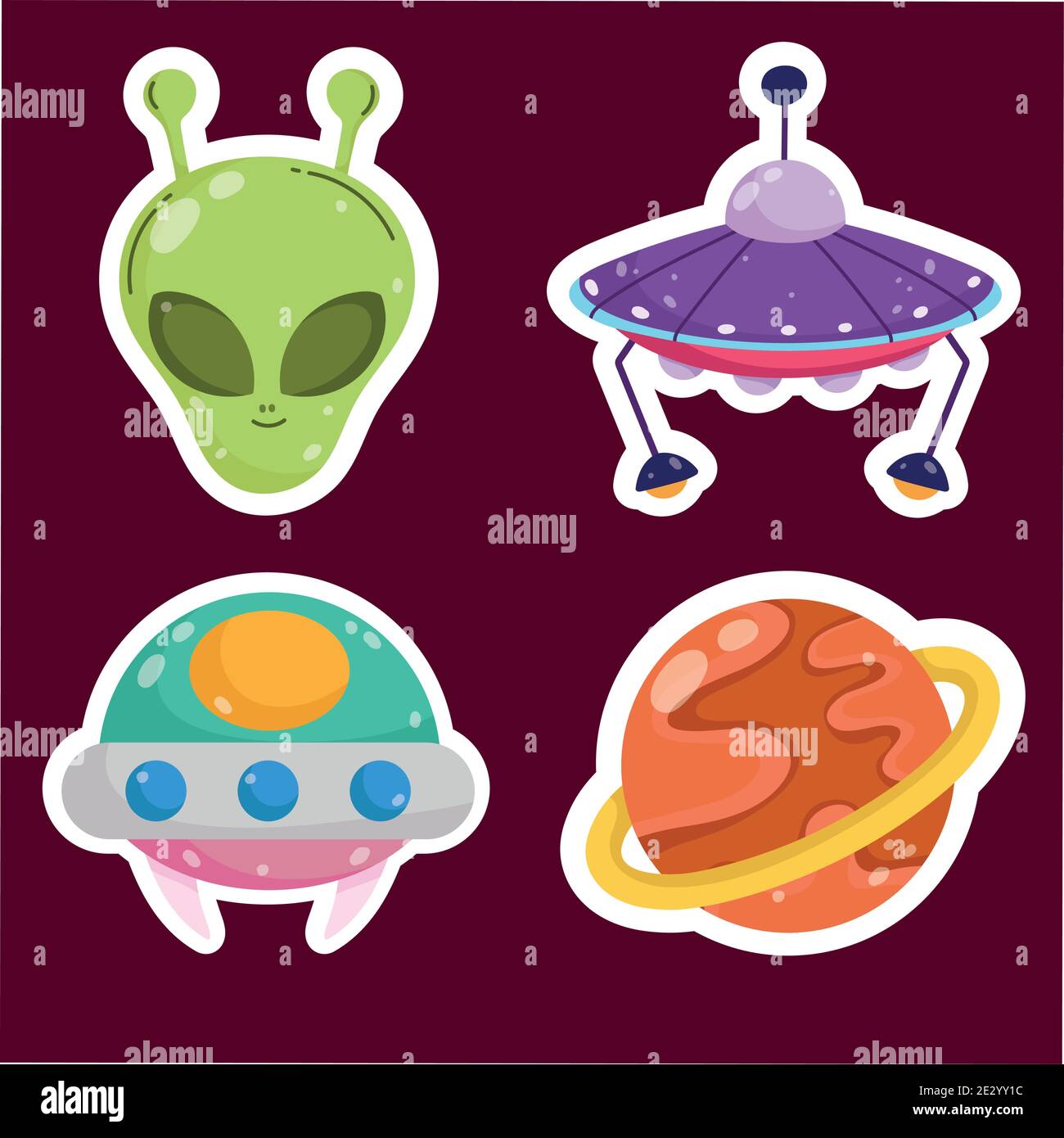 space planet alien ufo spaceship adventure sticker cartoon icons set vector illustration Stock ...