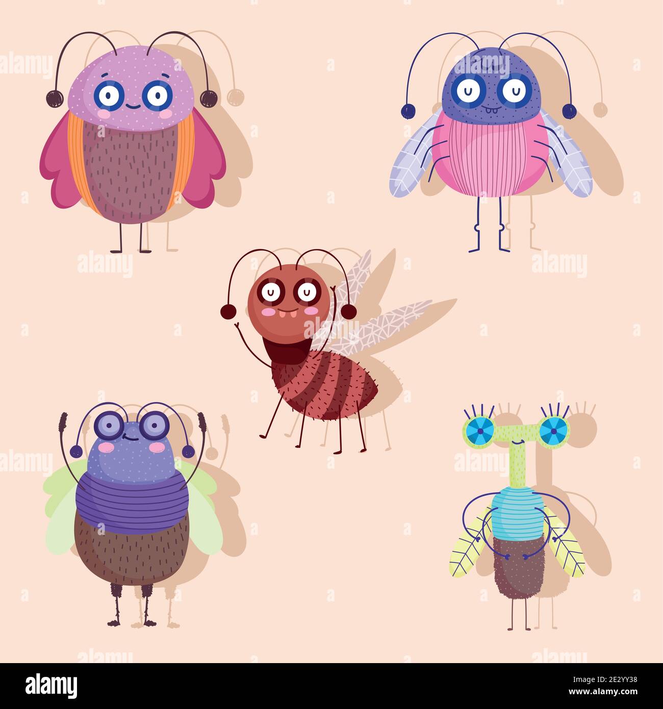 funny bugs animals cartoon with shadow icons set vector illustration ...