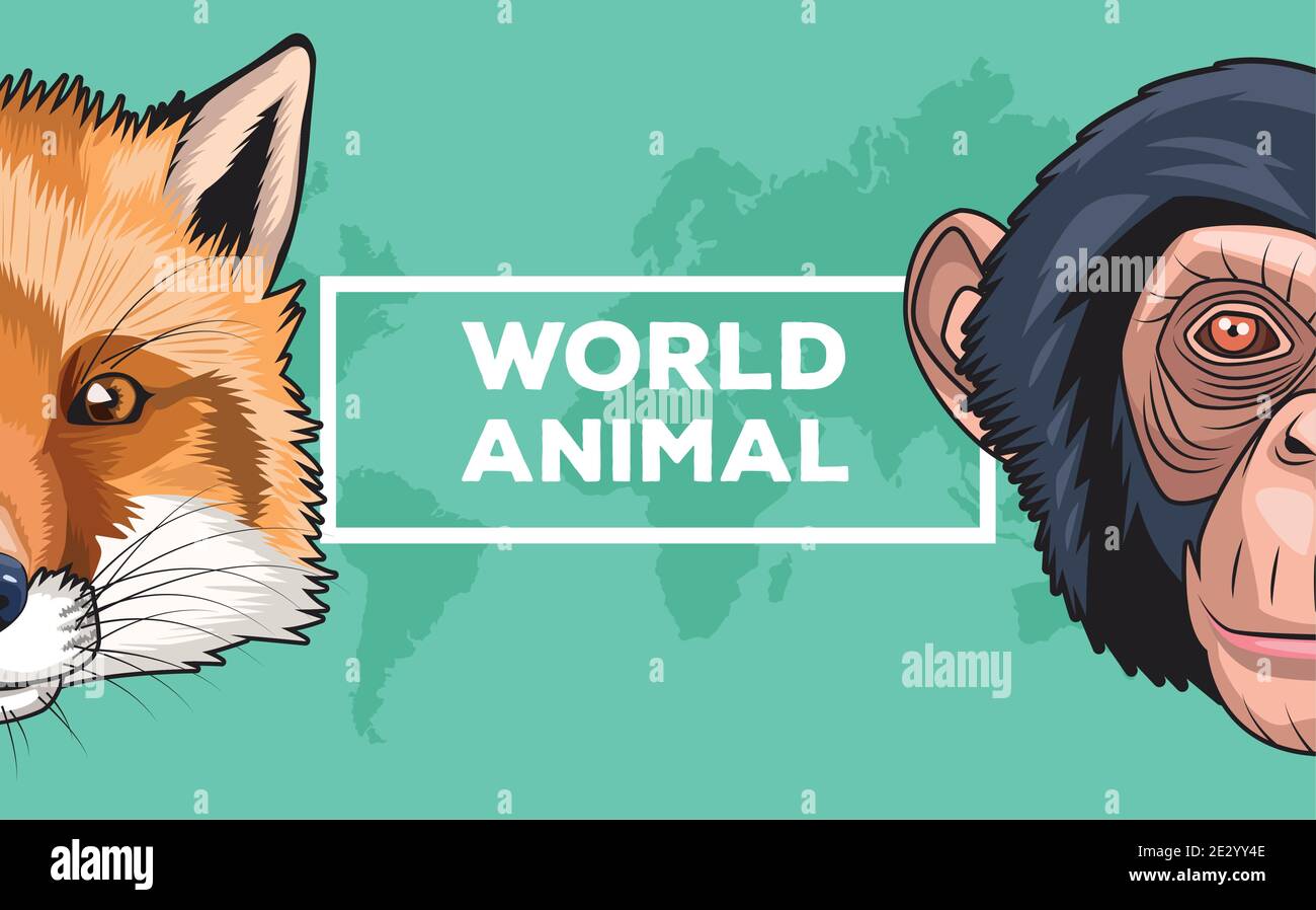 monkey and fox animals wild heads characters and earth maps vector ...