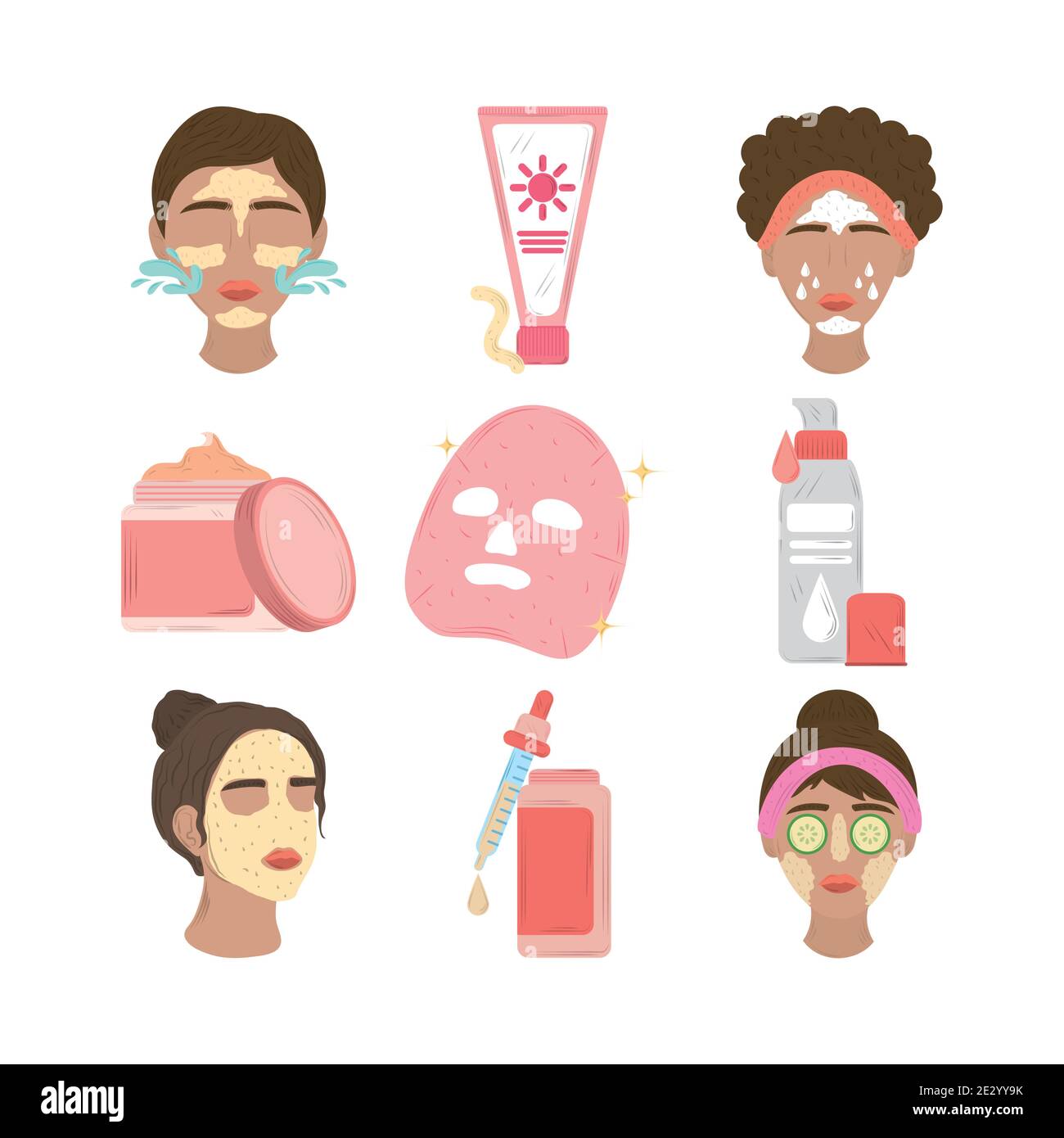 Set Women With Facial Mask Products Cosmetics And Skincare Daily