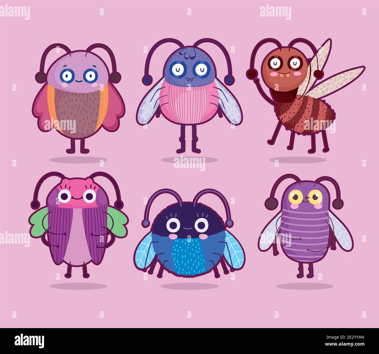funny bugs creature animals cartoon set on pink background vector ...