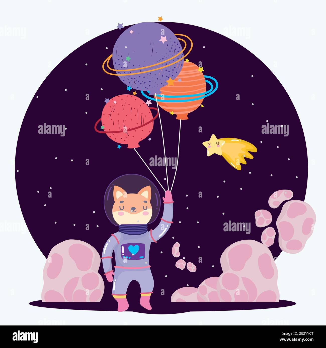 space fox with spacesuit and balloons shaped planets adventure animal ...