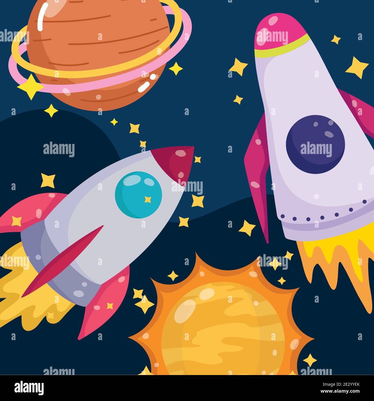 space adventure spaceships sun planet stars explore cartoon vector ...