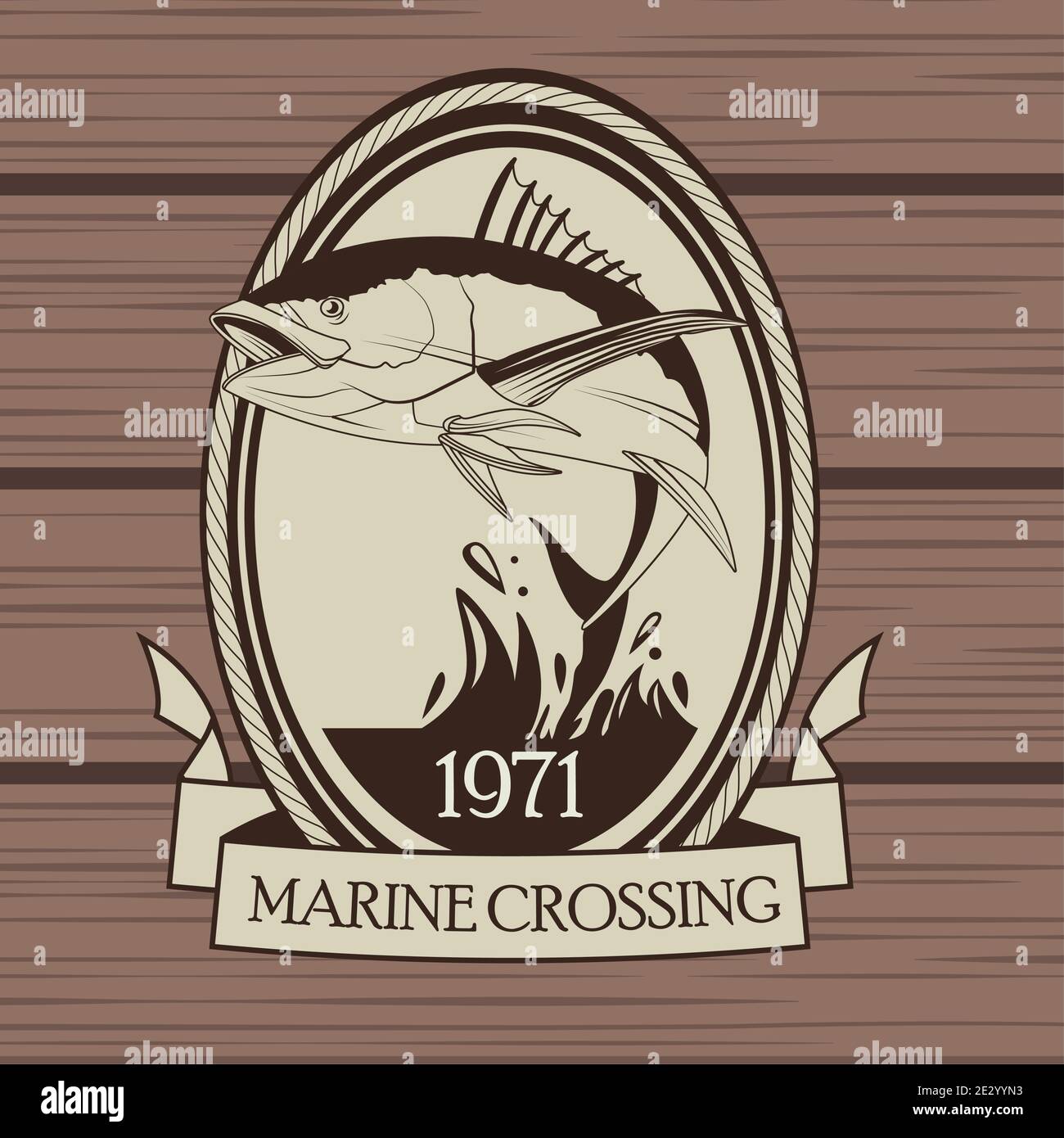 tuna fish nautical gray vintage emblem in wooden background vector ...
