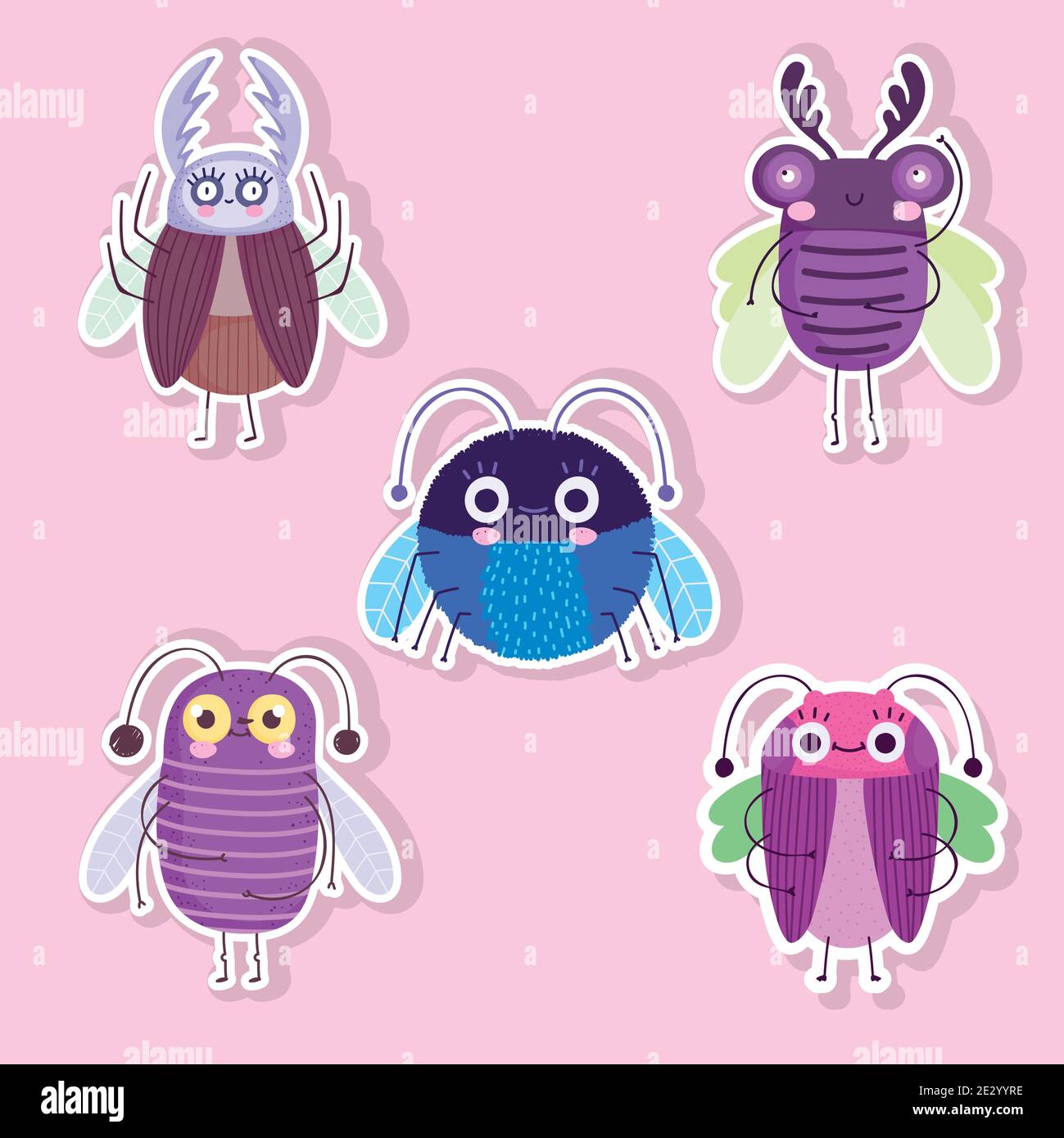 funny bugs animals cartoon stickers style icons vector illustration ...