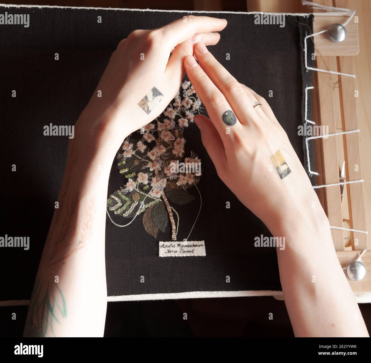 Workplace of an embroiderer with couture embroidery on a hoop Stock ...