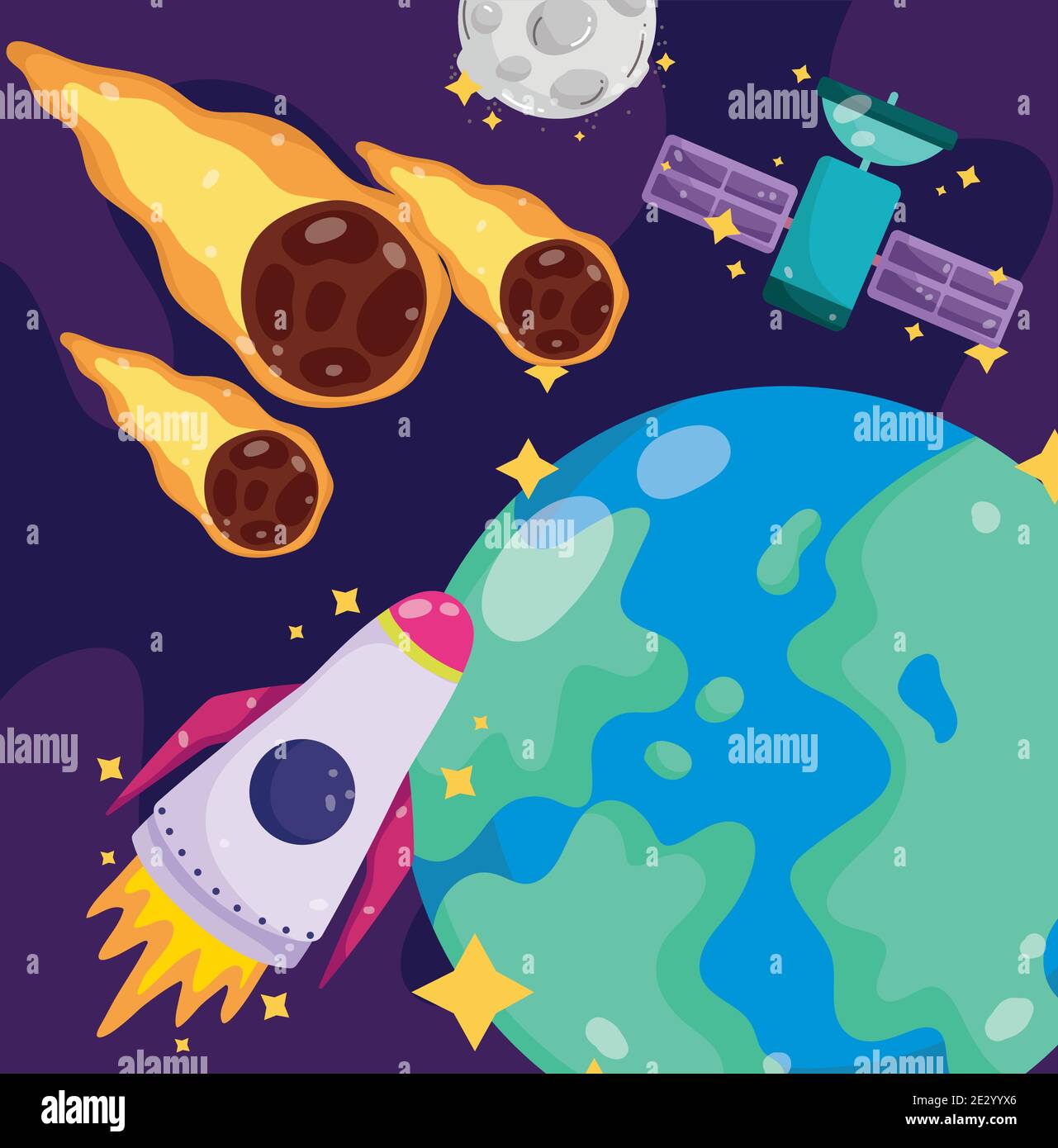 space earth spaceship satellite moon and falling asteroids cartoon ...