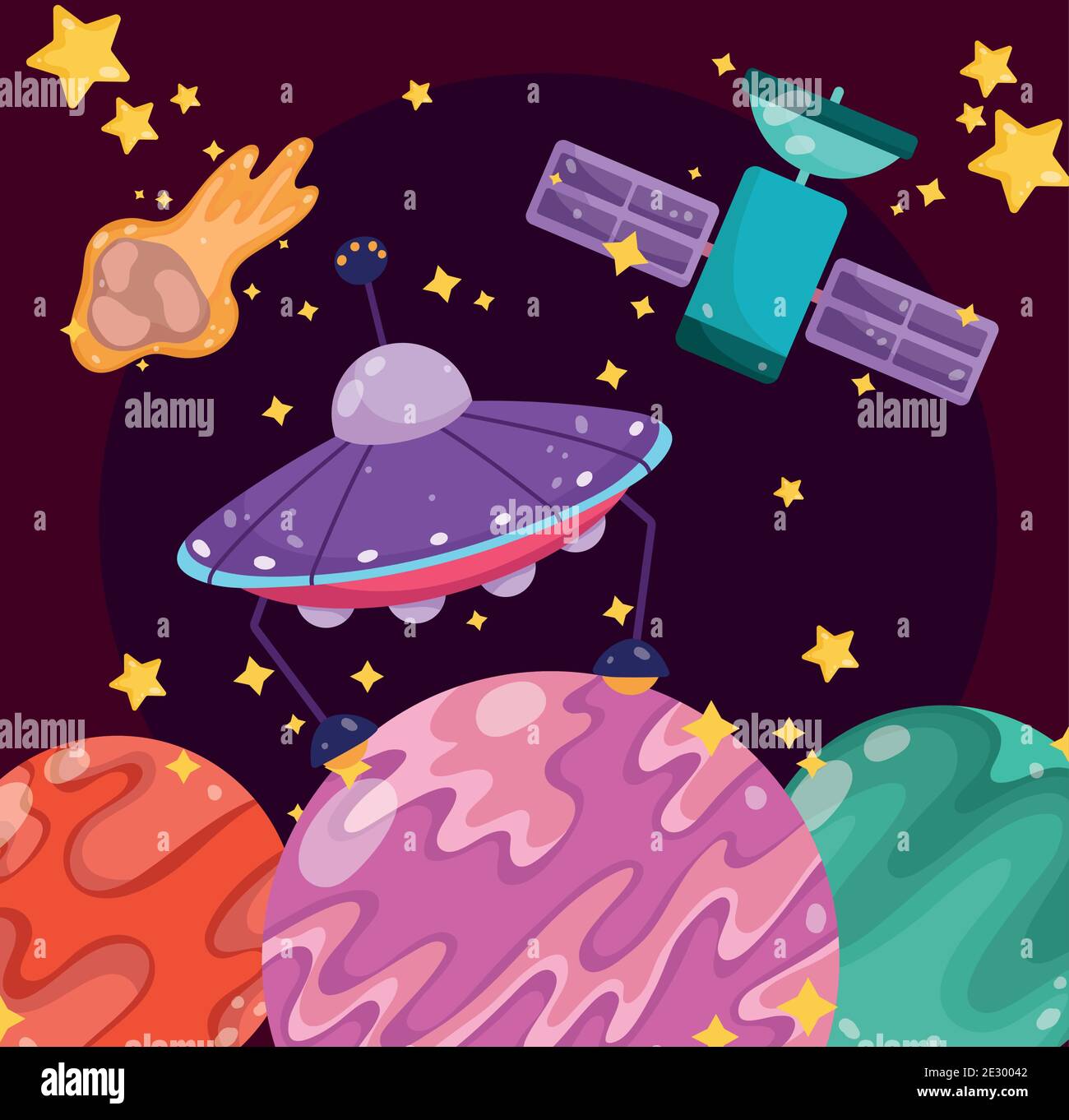 space satellite planets ufo asteroid and stars galaxy cartoon vector ...