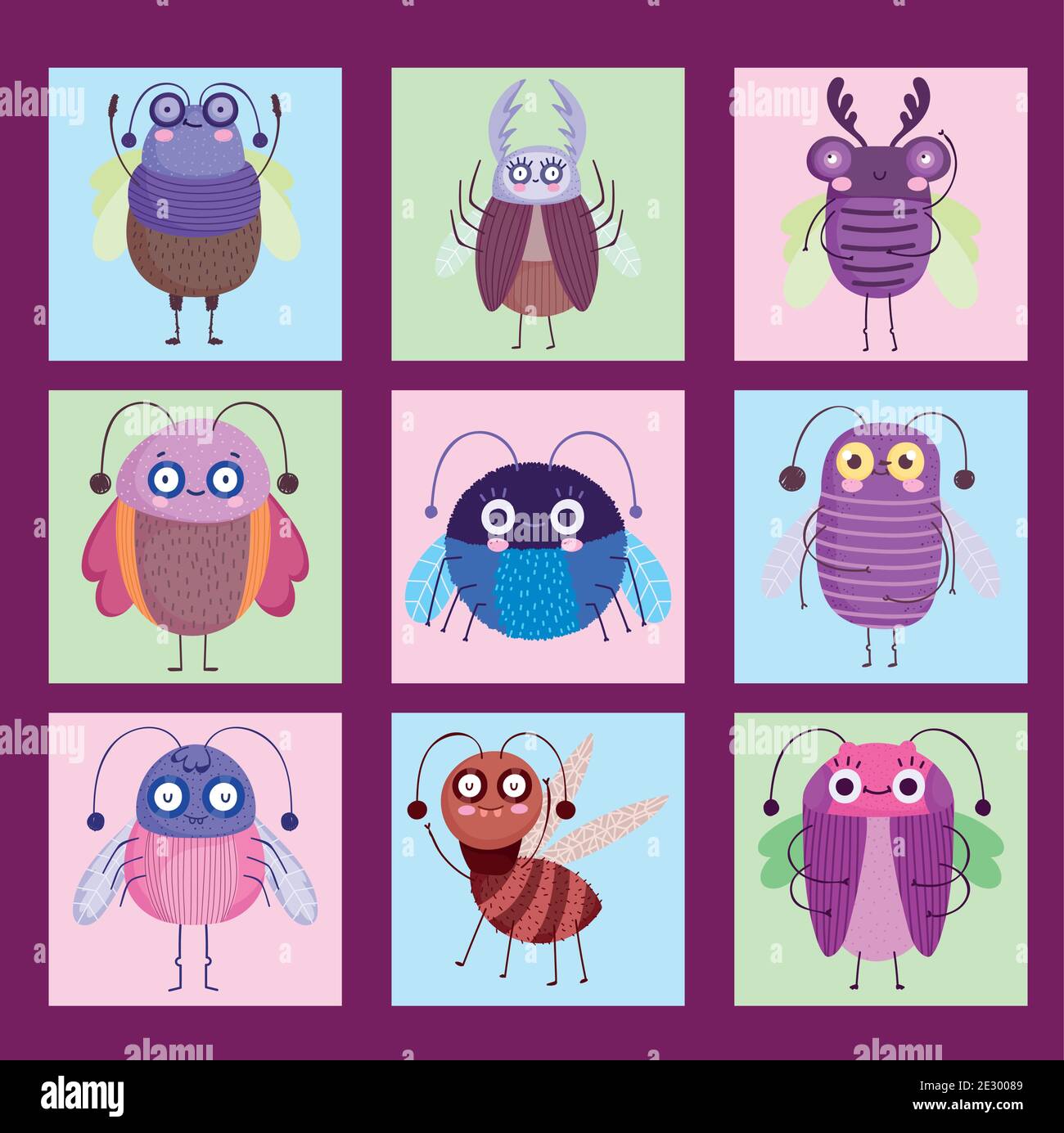 funny bugs little animals on color block icons set vector illustration ...