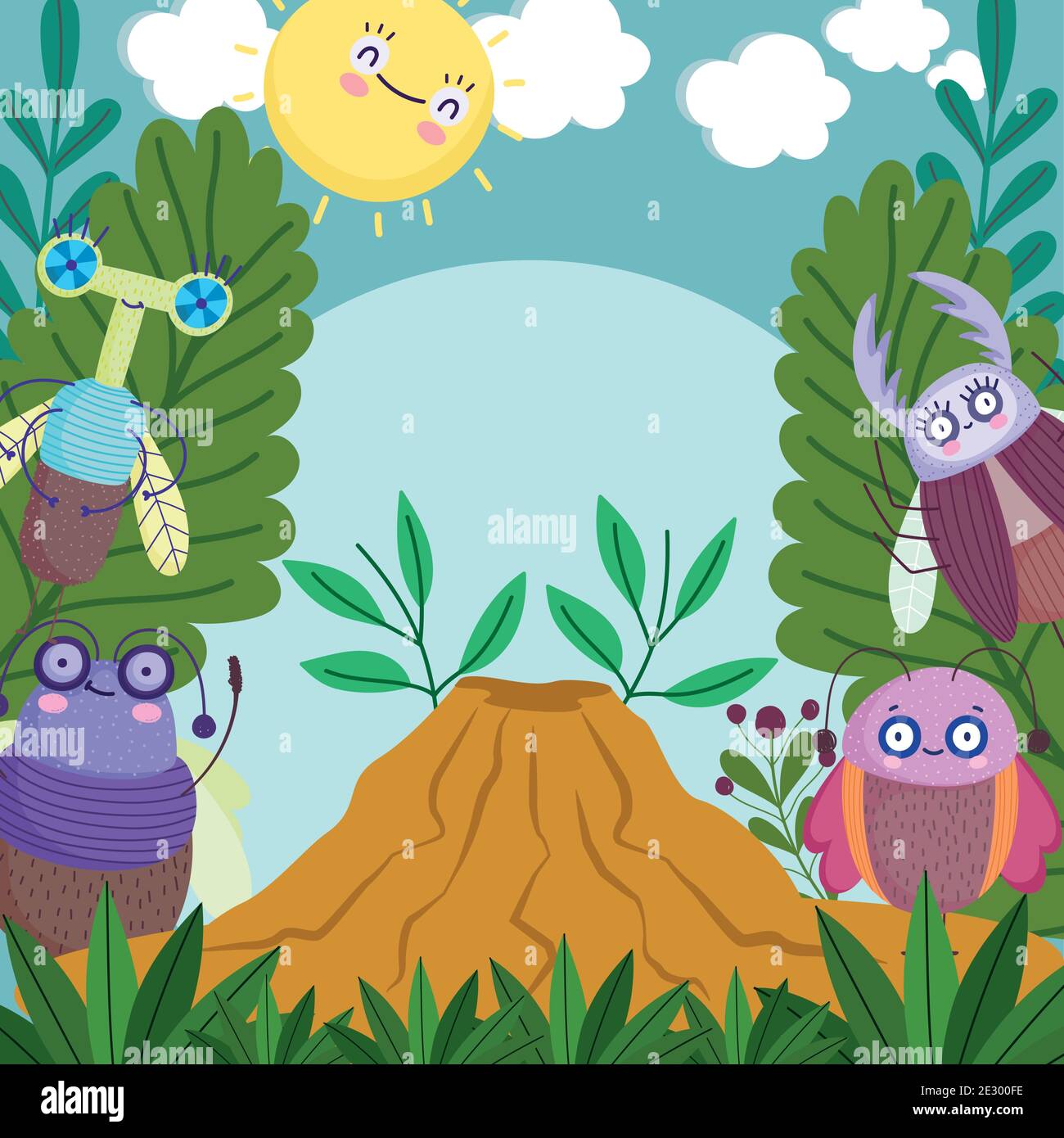 funny bugs animals with anthill vegetation leaves cartoon vector ...