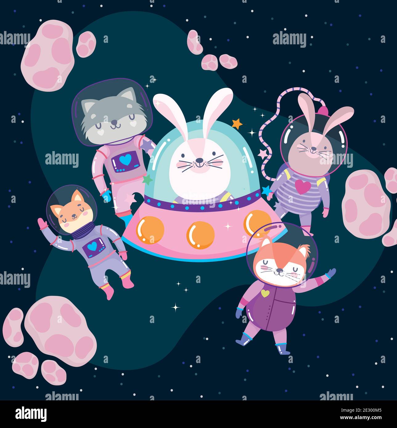 space rabbit in ufo with astronaut animals adventure explore cartoon vector illustration Stock ...