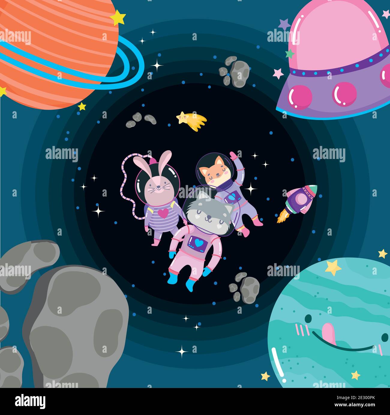 space animals in spacesuit and planets adventure explore cartoon vector ...