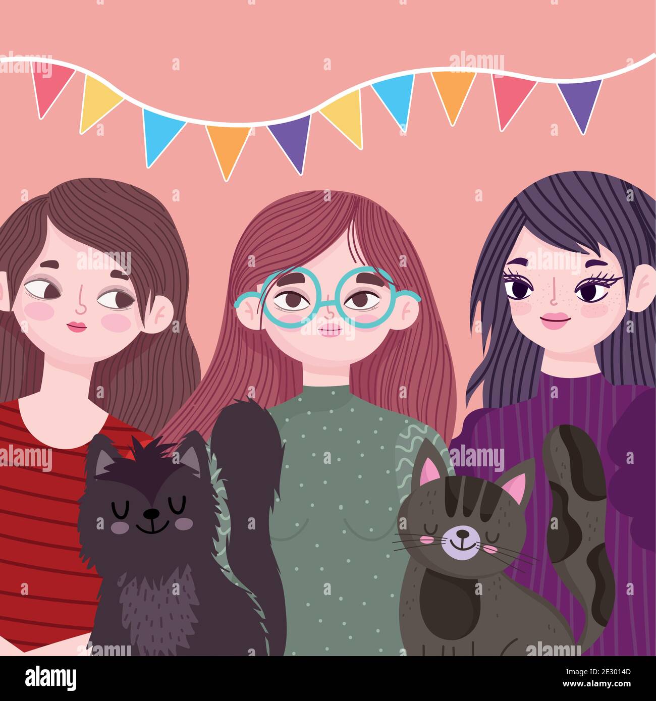cute group women with cats animals pet cartoon vector illustration ...