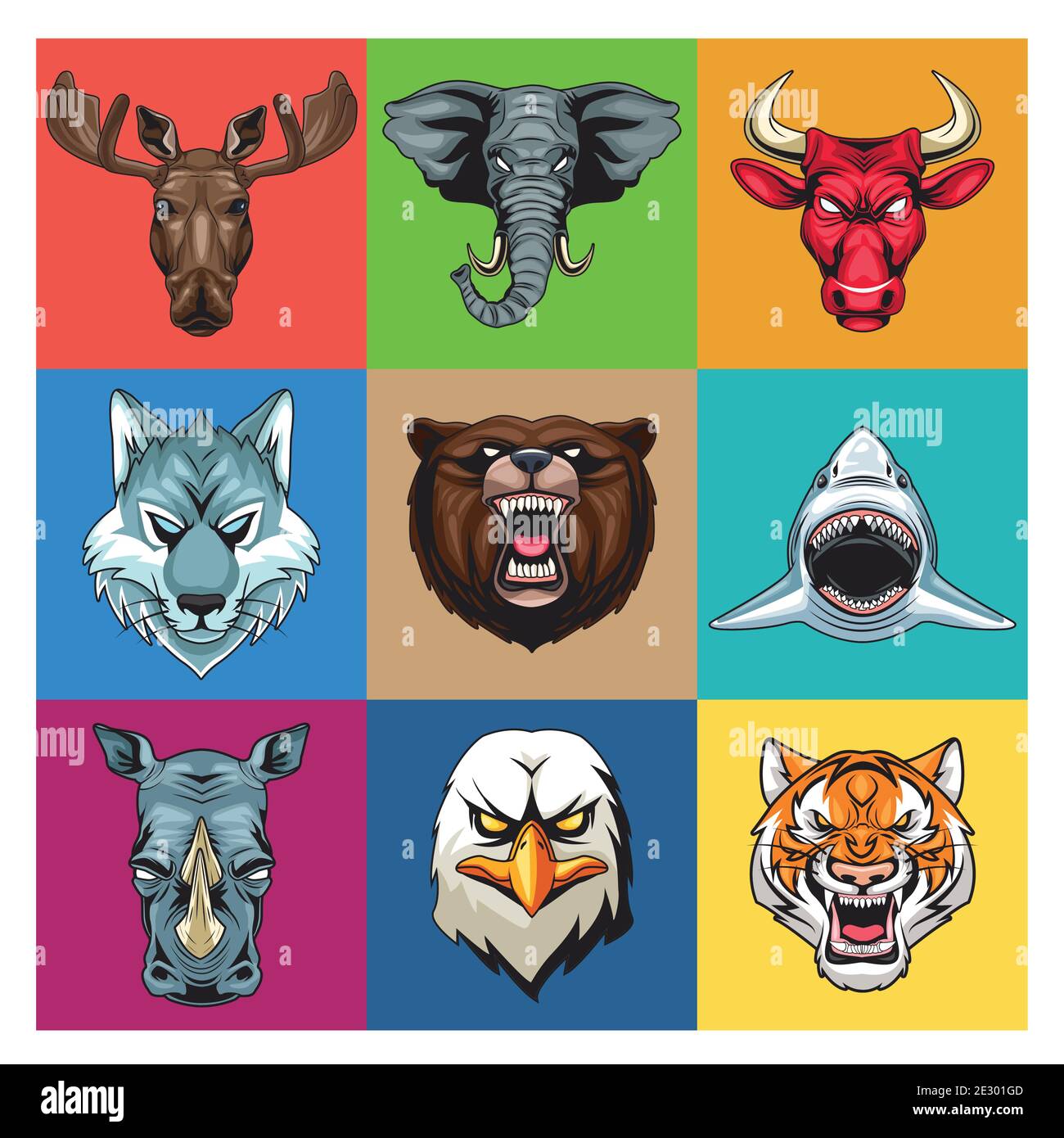 bundle of nine wild animals heads characters vector illustration design ...