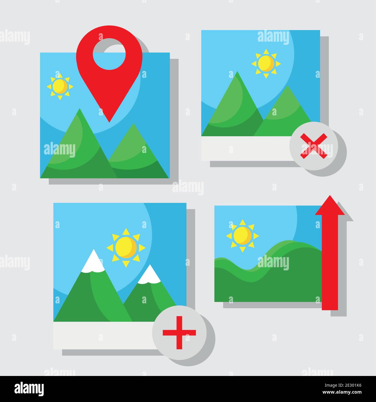 bundle of five pictures with differents scenes flat style set icons ...