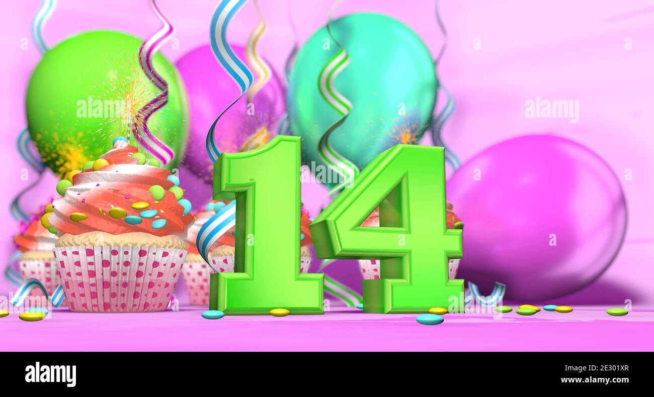 Birthday cupcake with sparking candle with the number 14 large in green ...