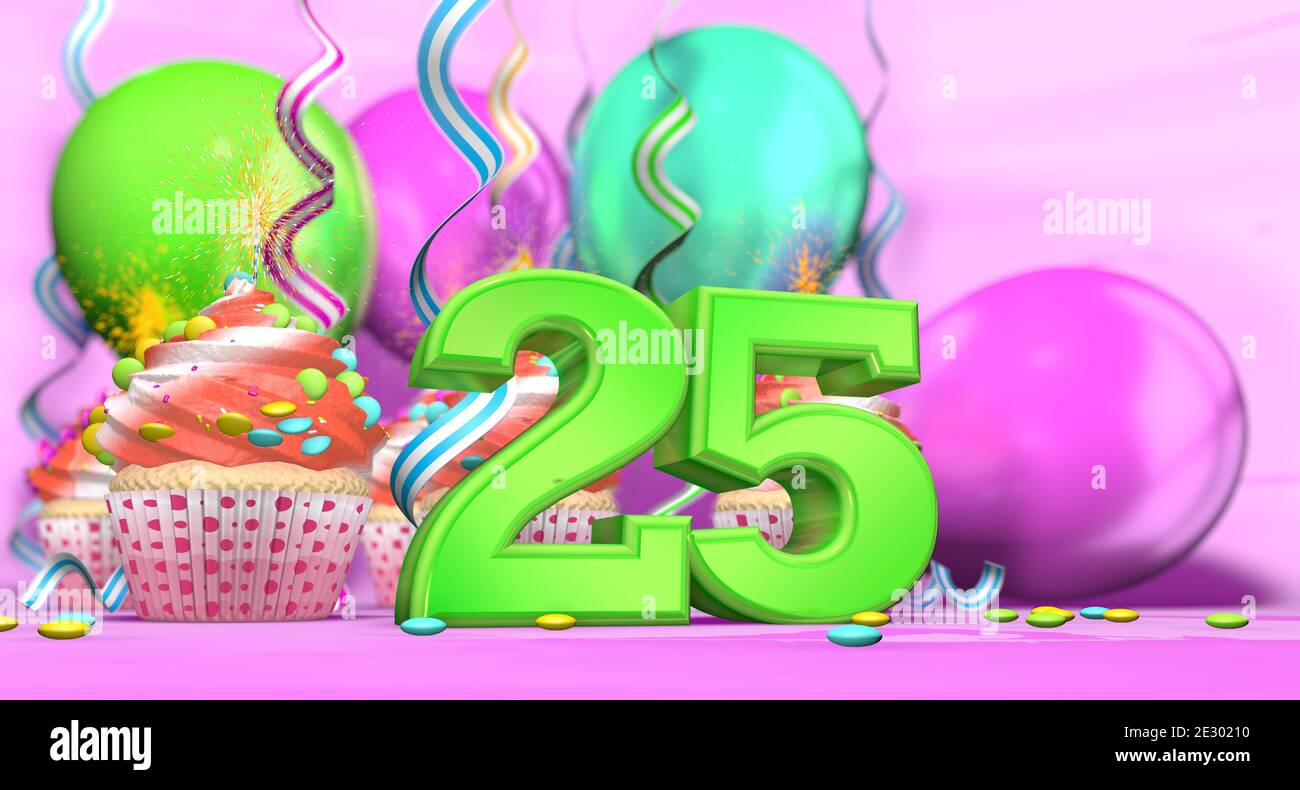 Birthday cupcake with sparking candle with the number 25 large in green ...