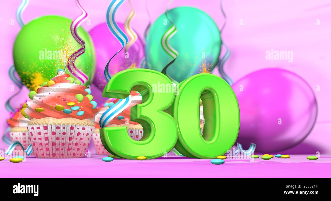 Birthday cupcake with sparking candle with the number 30 large in green ...