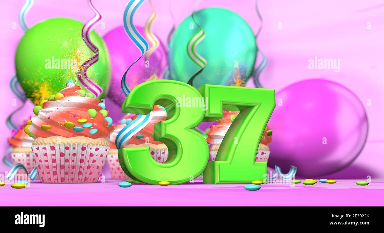 Birthday cupcake with sparking candle with the number 37 large in green ...