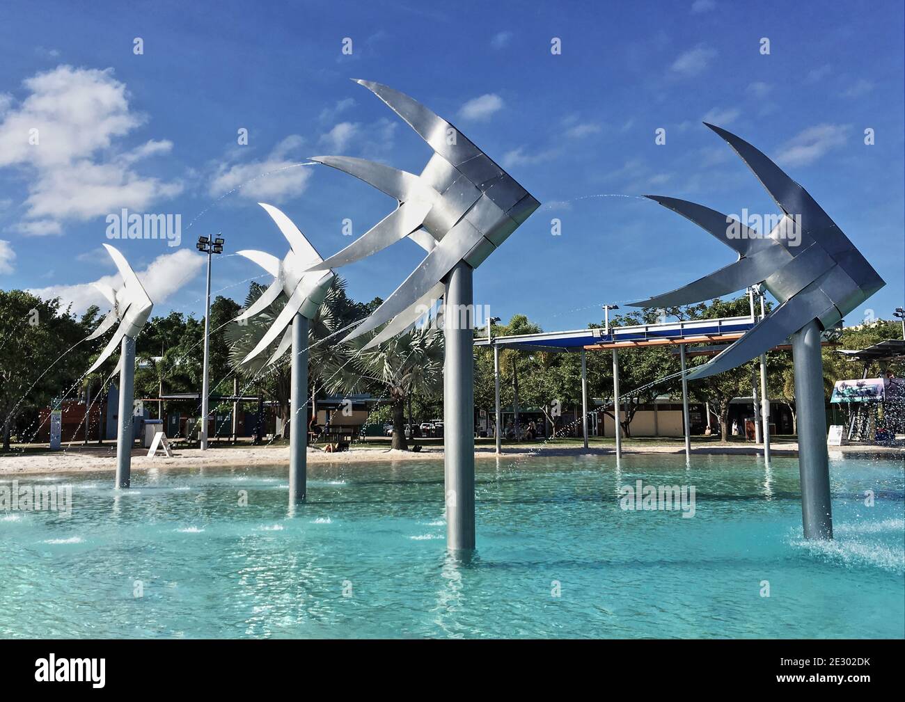 The stainless steel fish sculptures standing in the big Swimming Lagoon ...