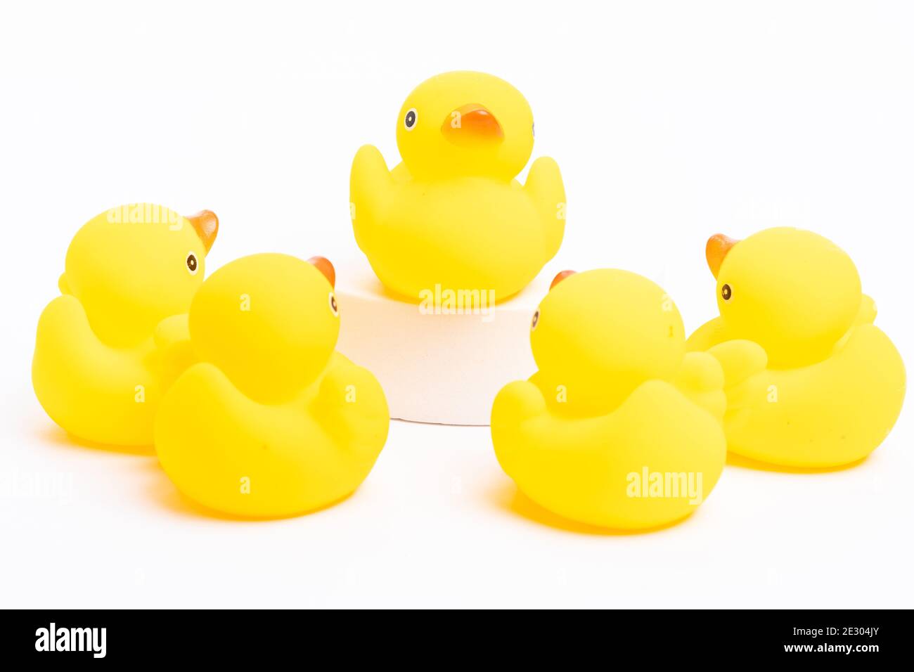 Leadership concept. A group of yellow rubber duck following the leader ...