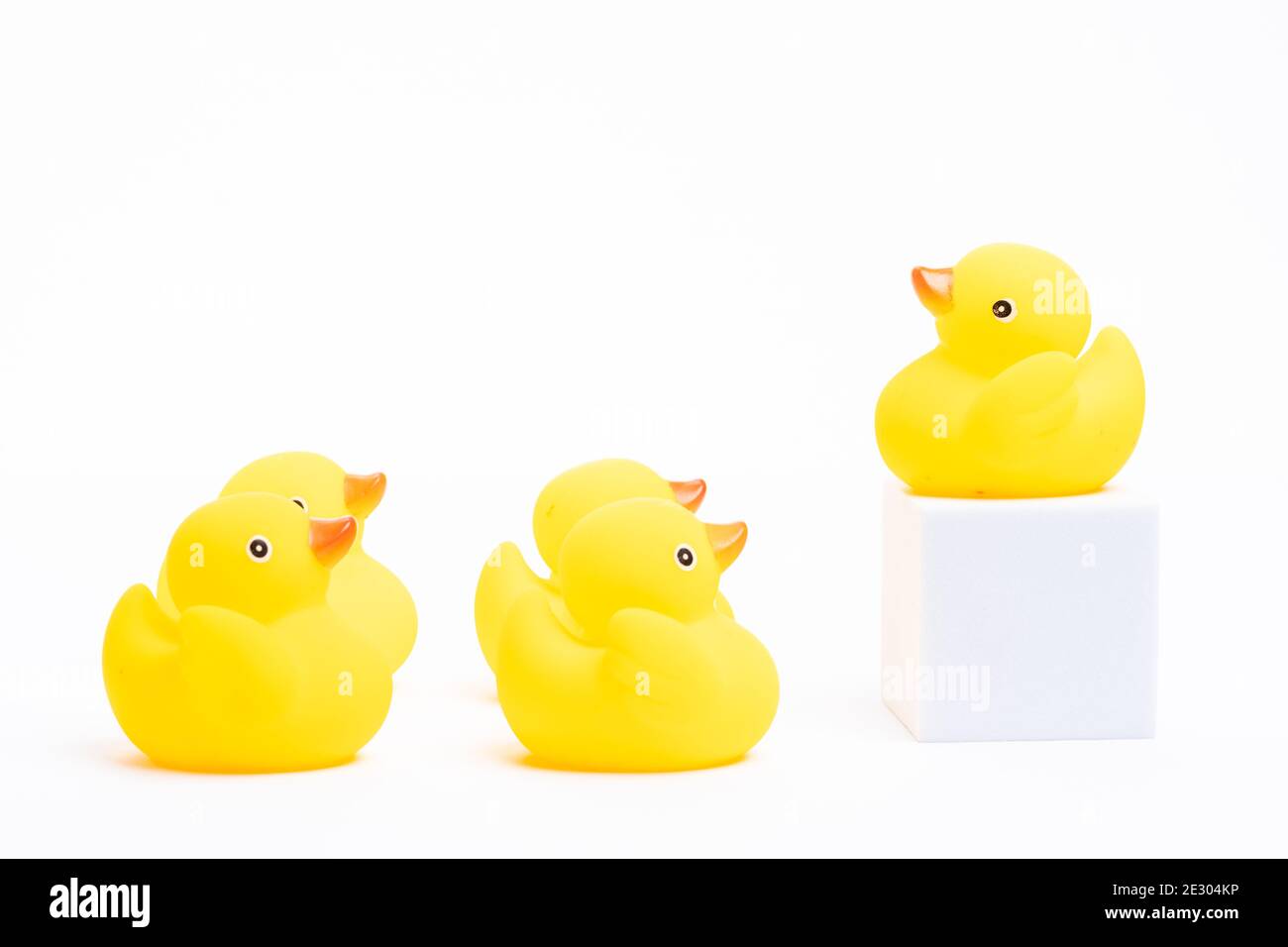 Leadership concept. A group of yellow rubber duck following the leader ...