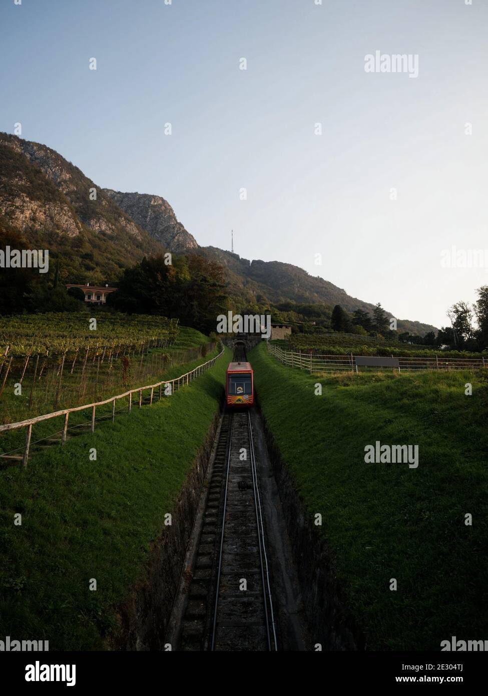 Panorama view of funicular railway at Monte San Salvatore mountain hill ...