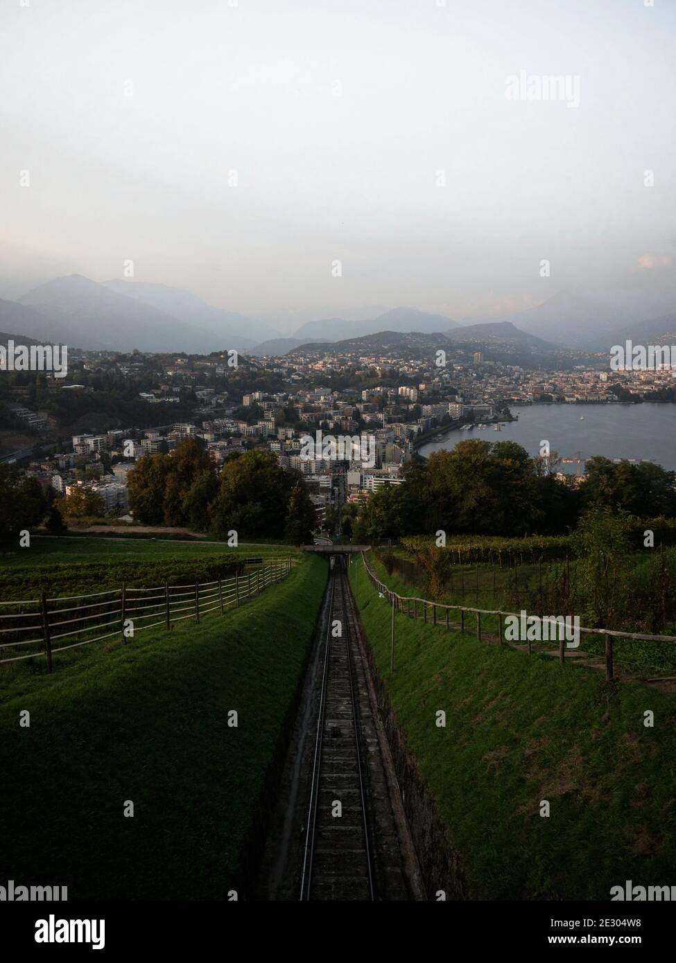 Panorama view of funicular railway at Monte San Salvatore mountain hill ...