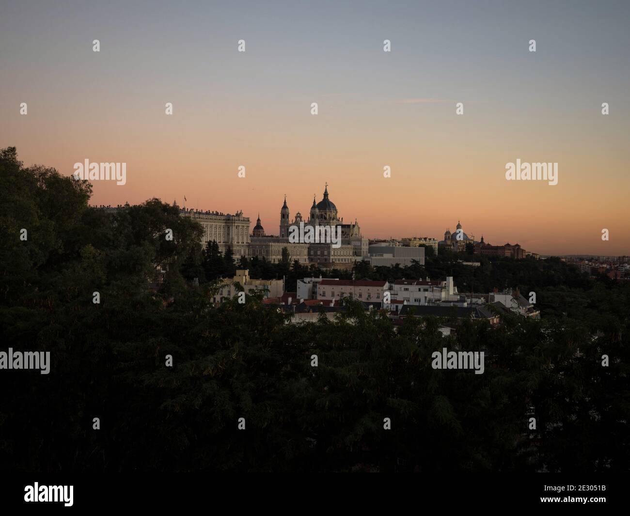 Sunset panorama view of Palacio Real Royal Palace of Madrid from Debod ...