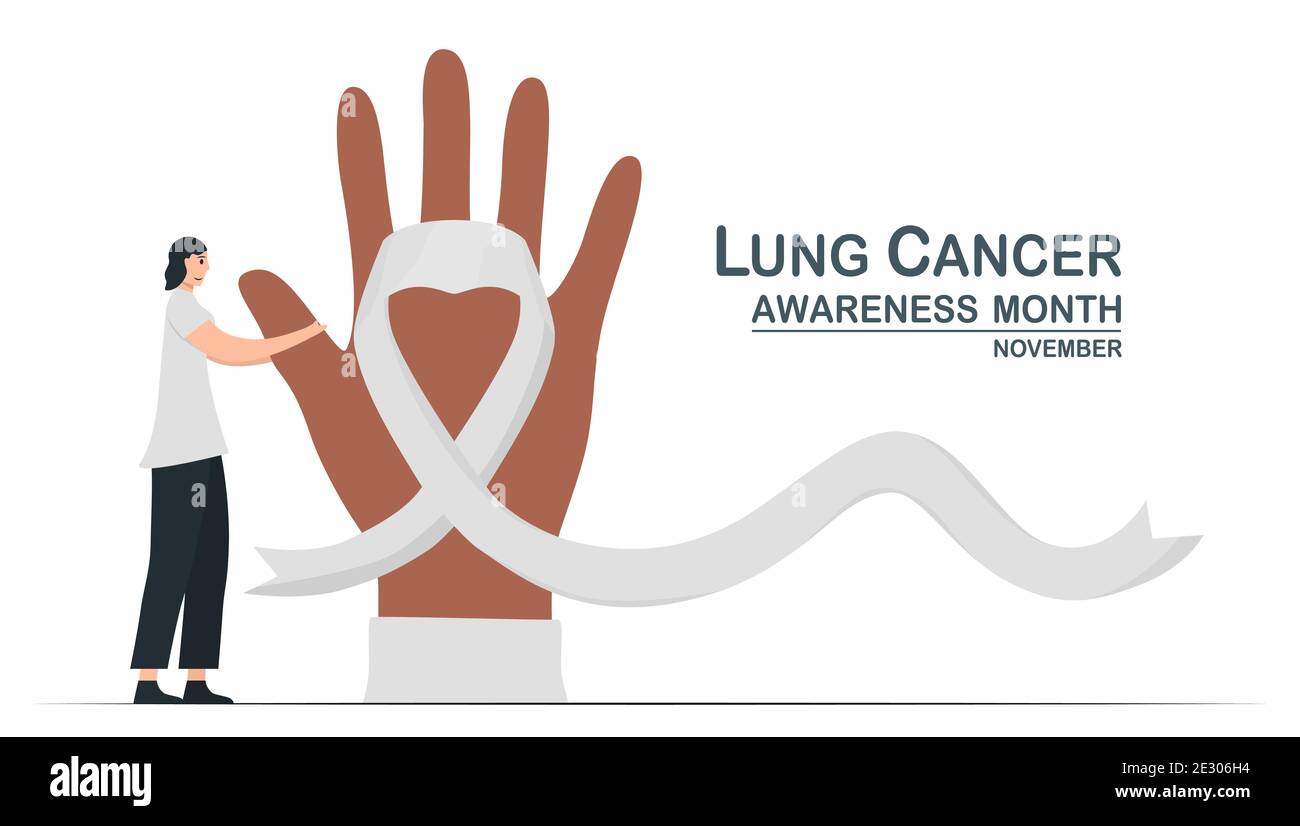 Lung cancer awareness month, November. The woman touches finger ...