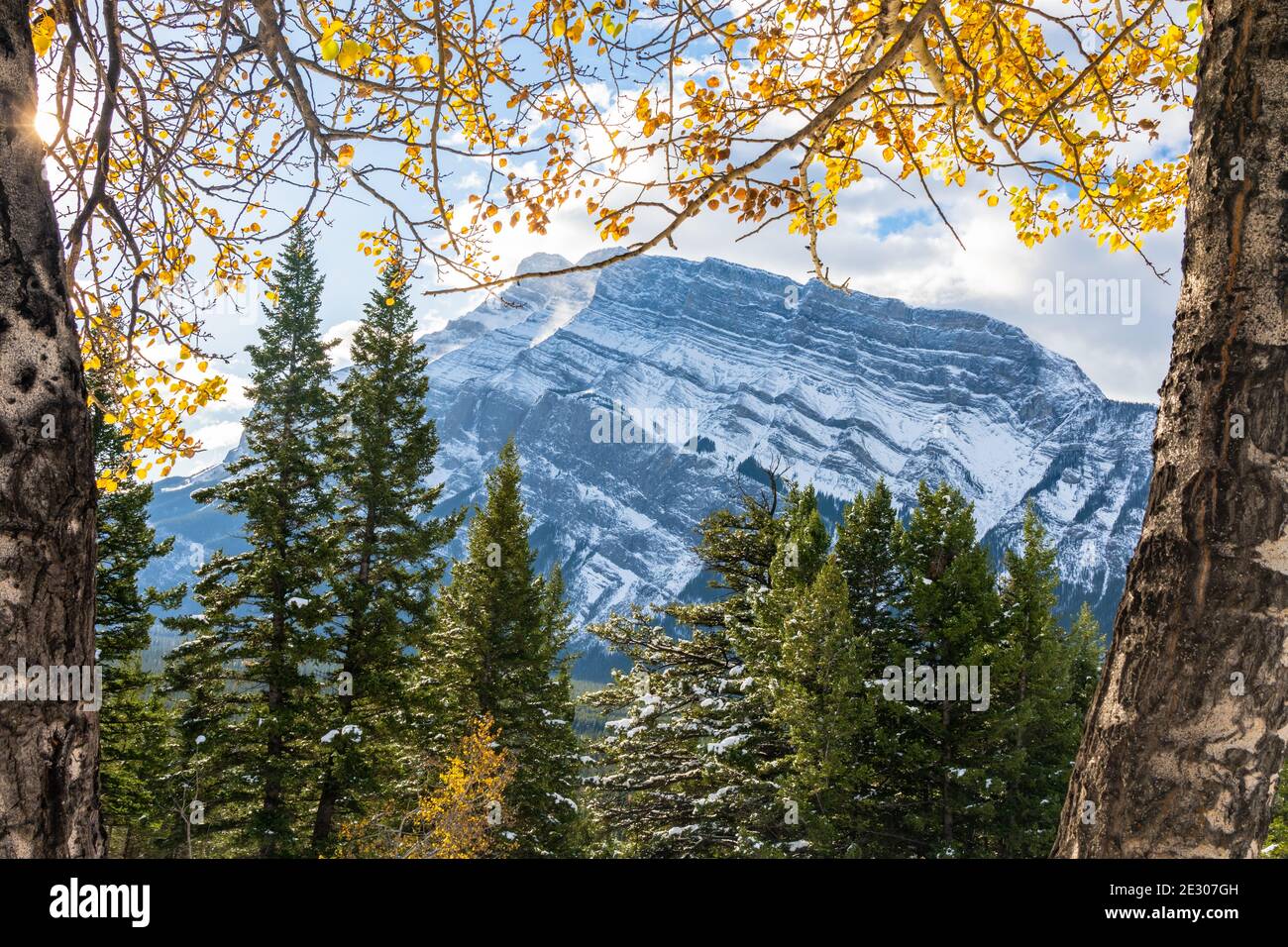 Banff National Park beautiful landscape. Snow-covered Mount Rundle with ...