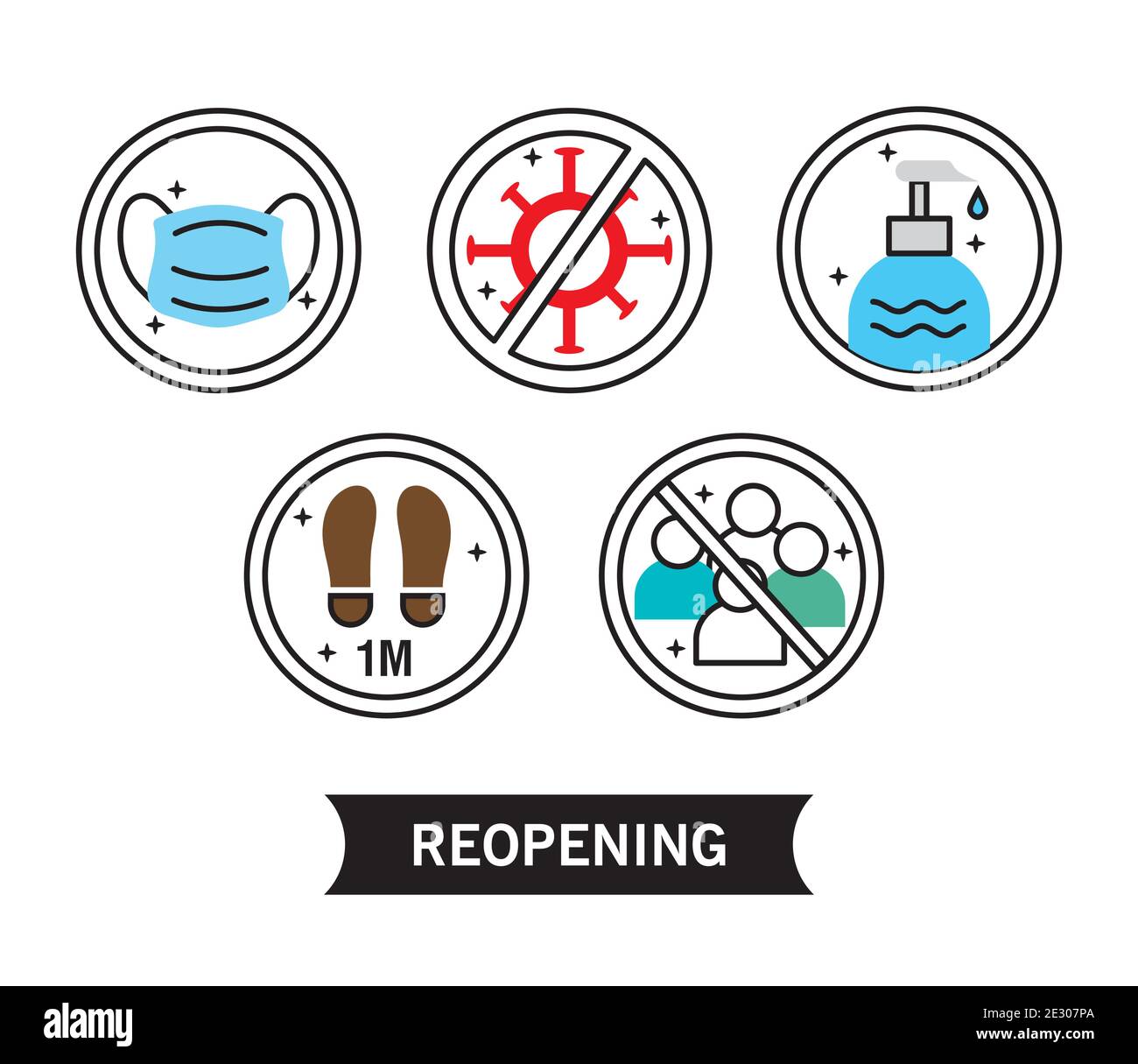 bundle of five reopening labels set half line style icons and lettering ...