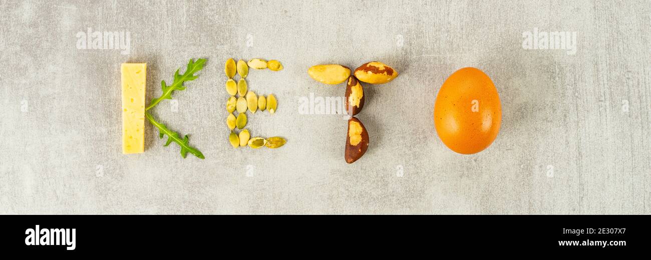 The keto word is from ketogenic food. Ketone diet foods on gray ...
