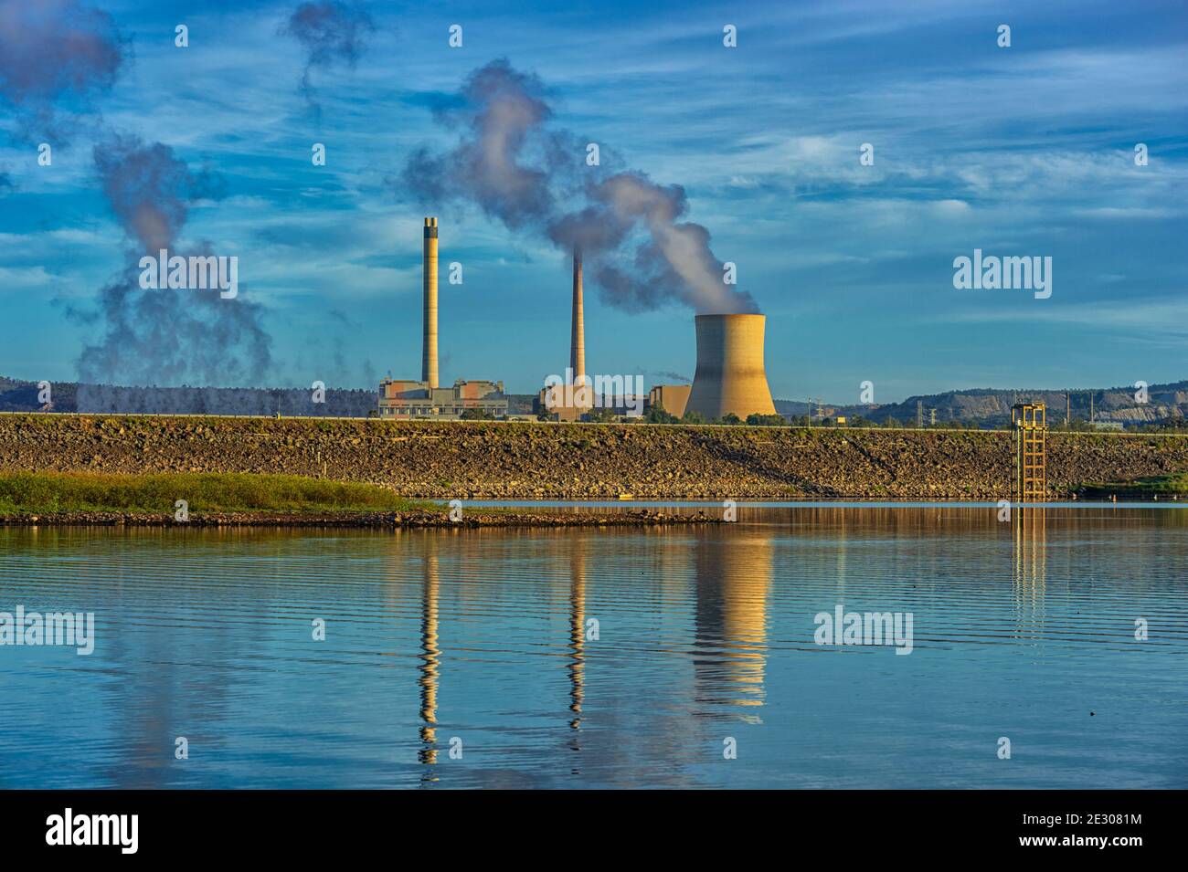 View of Callide Coal-fired Power Plant with smoking stack, Biloela ...