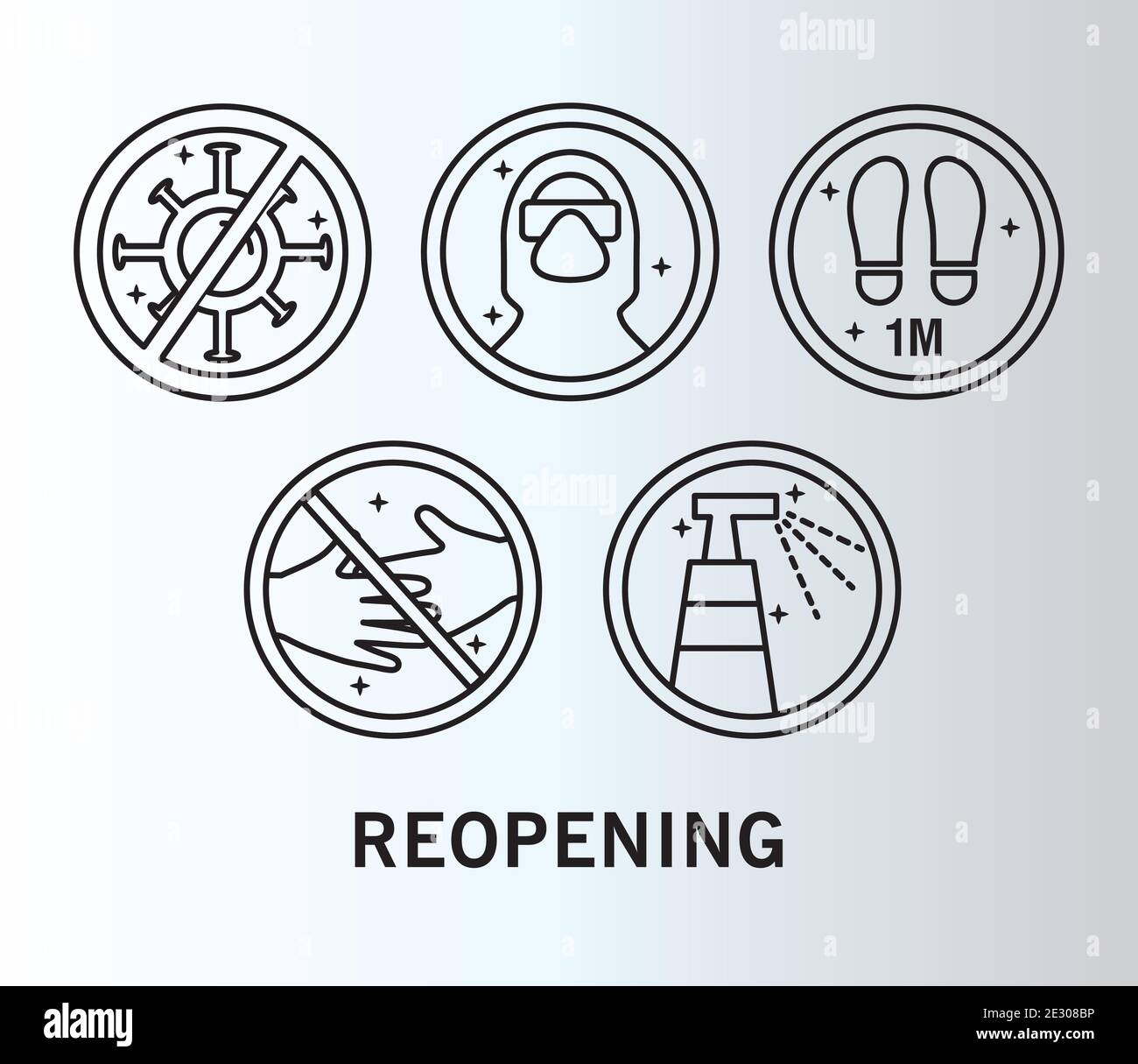 bundle of five reopening labels set line style icons and lettering ...