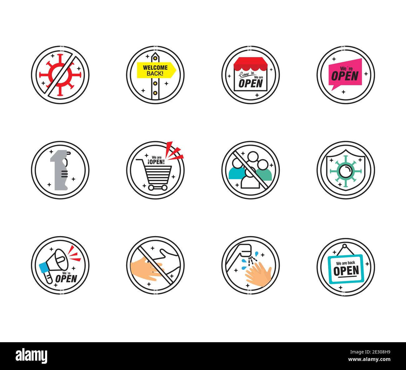 bundle of eight reopening labels stickers set half line style icons ...