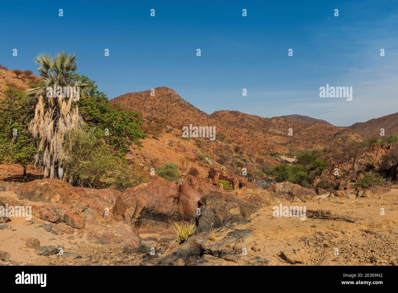 Landscape on the banks of the Kunene River, the border river between ...