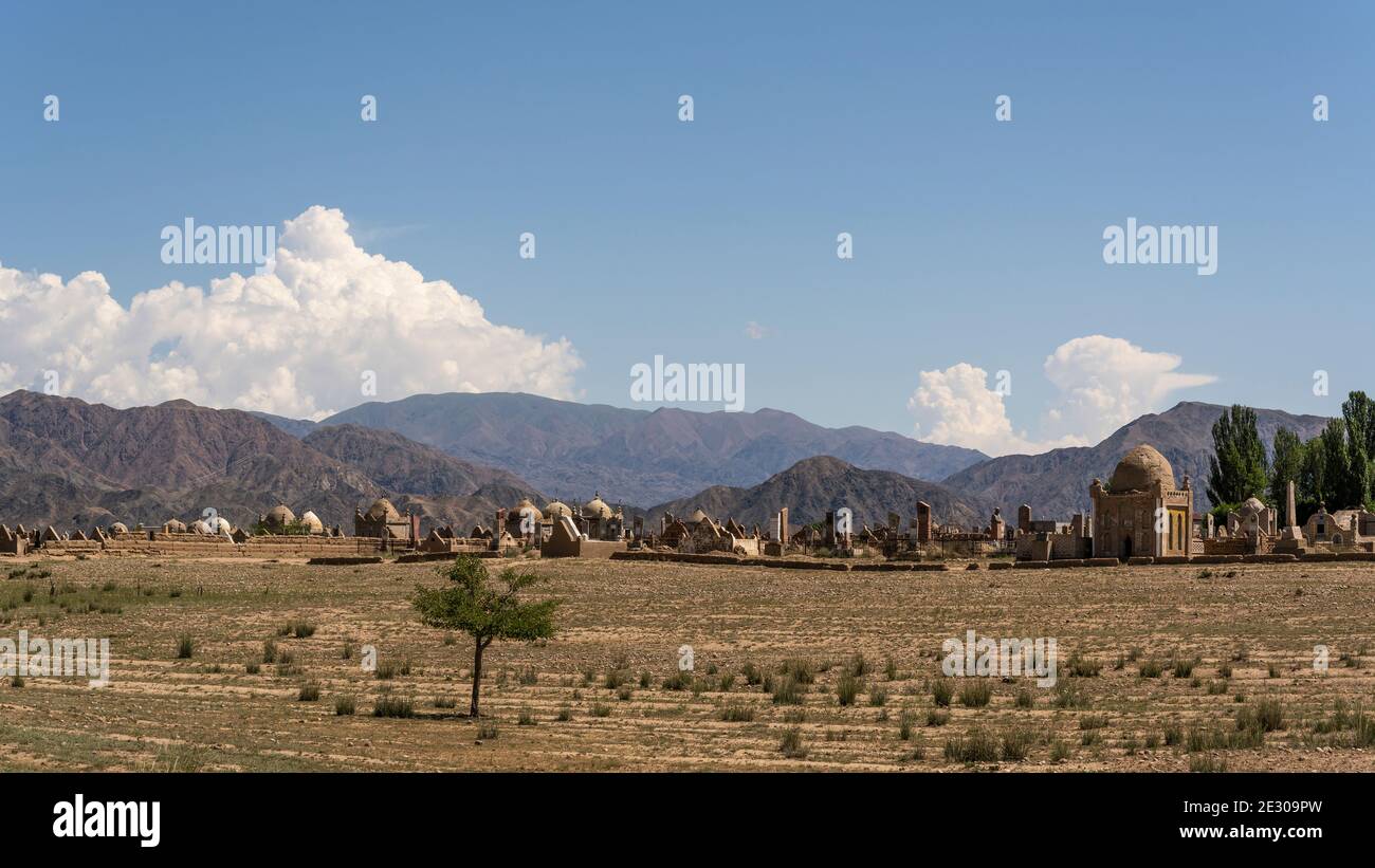 Kochkor, Kyrgyzstan - July 8, 2019: Graveyard with great, old, Islamic ...