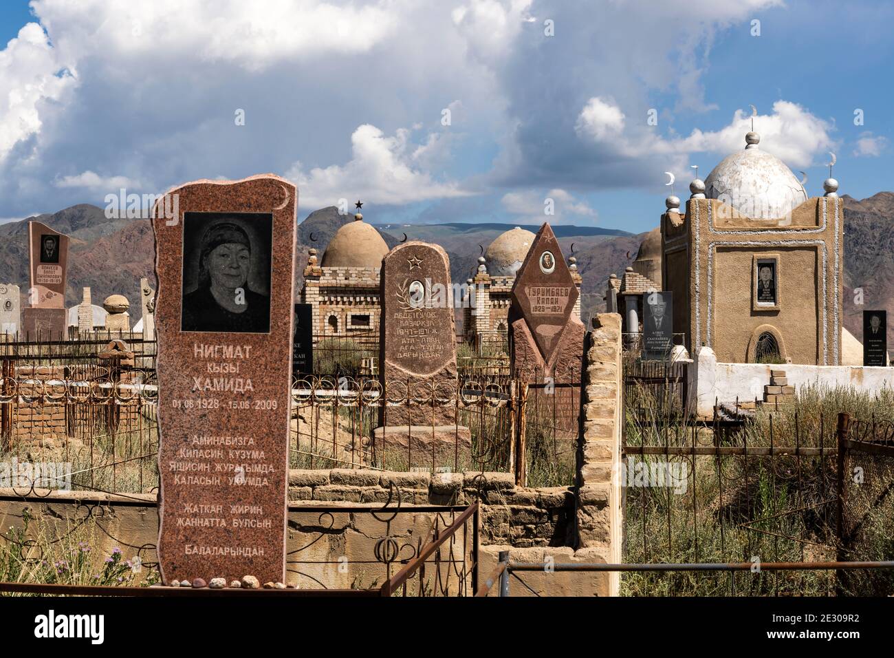 Kochkor, Kyrgyzstan - July 8, 2019: Graveyard with great, old, Islamic ...