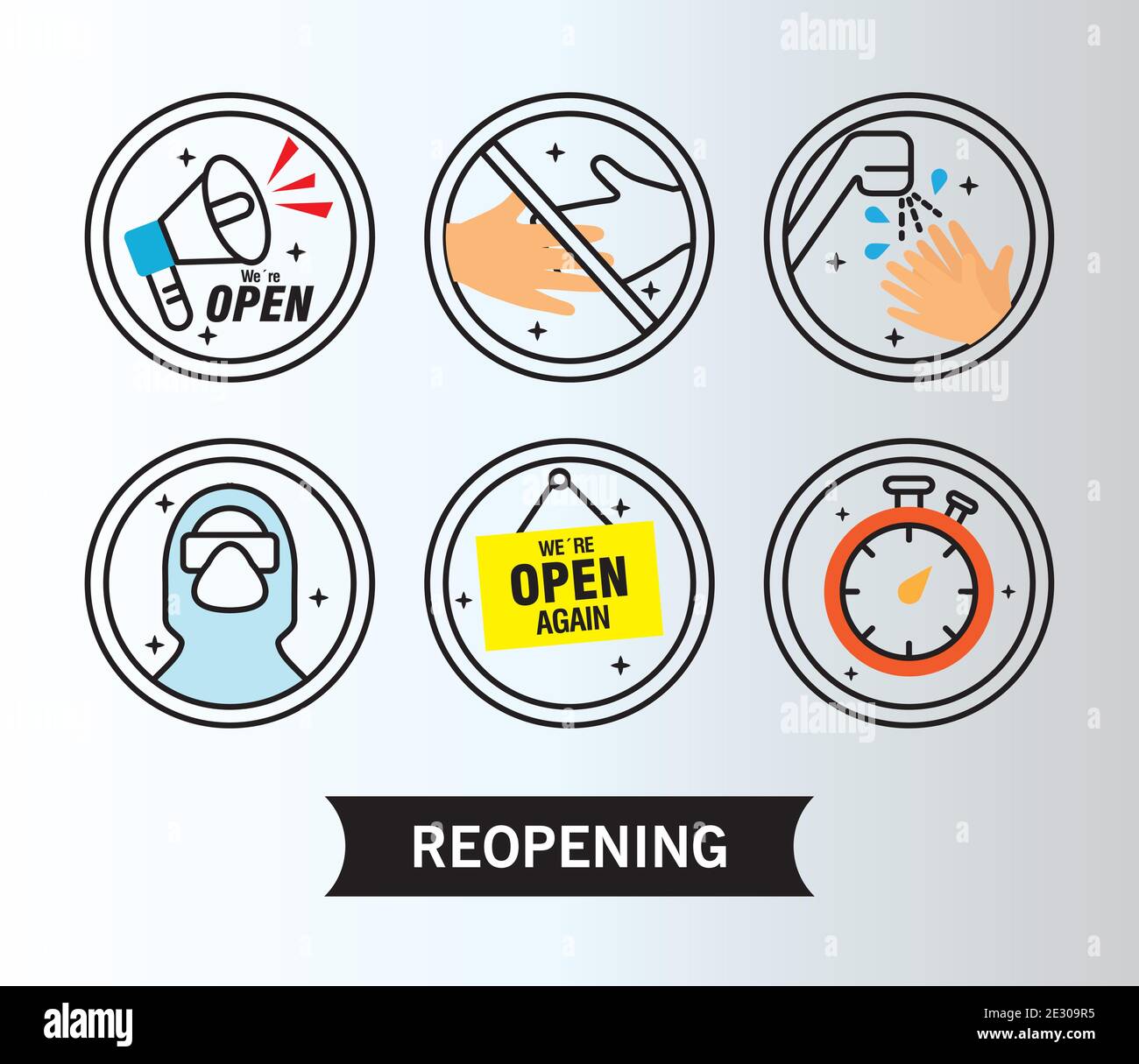 bundle of six reopening labels set half line style icons and lettering ...