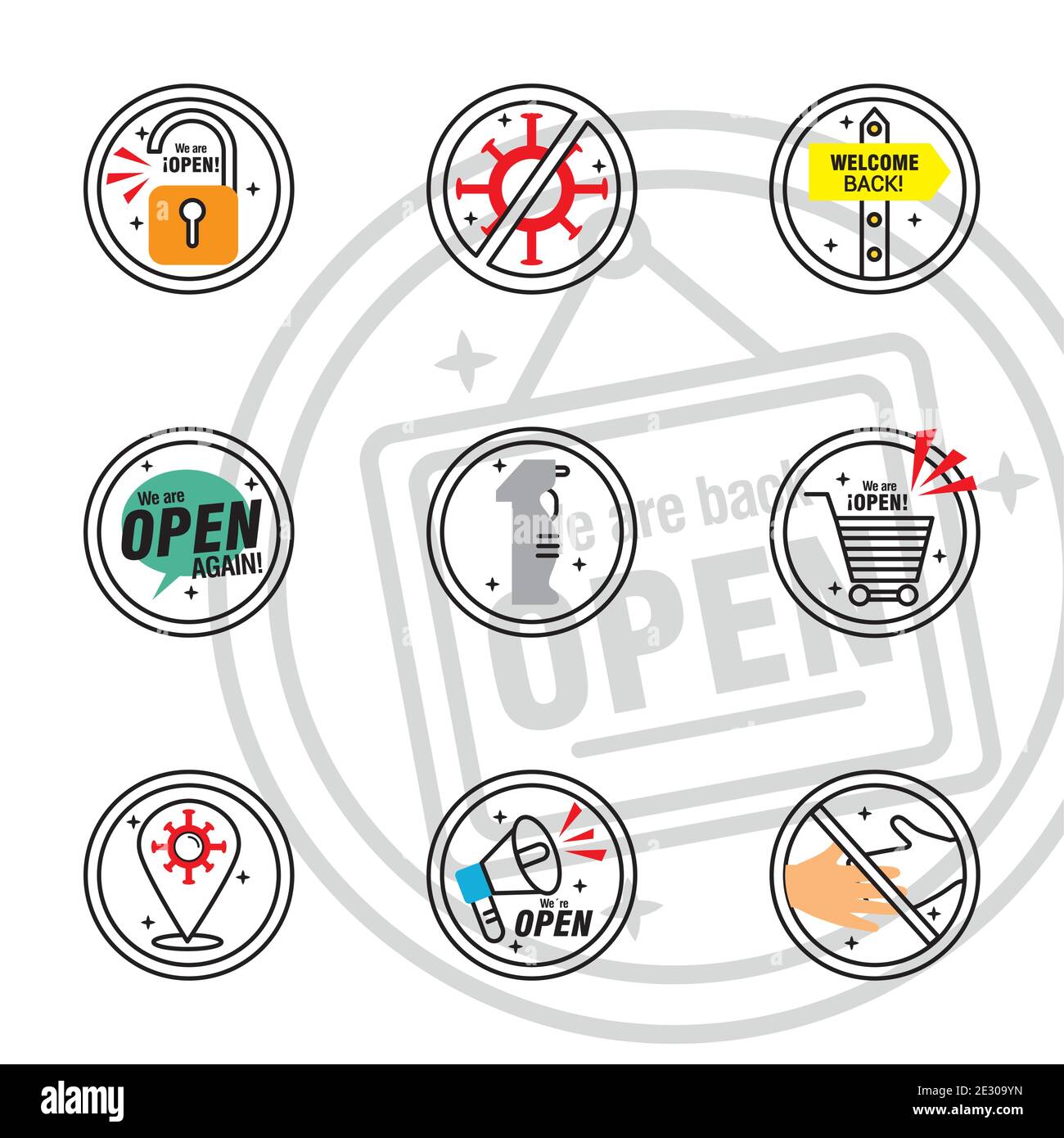 bundle of nine reopening labels set half line style icons Stock Vector ...