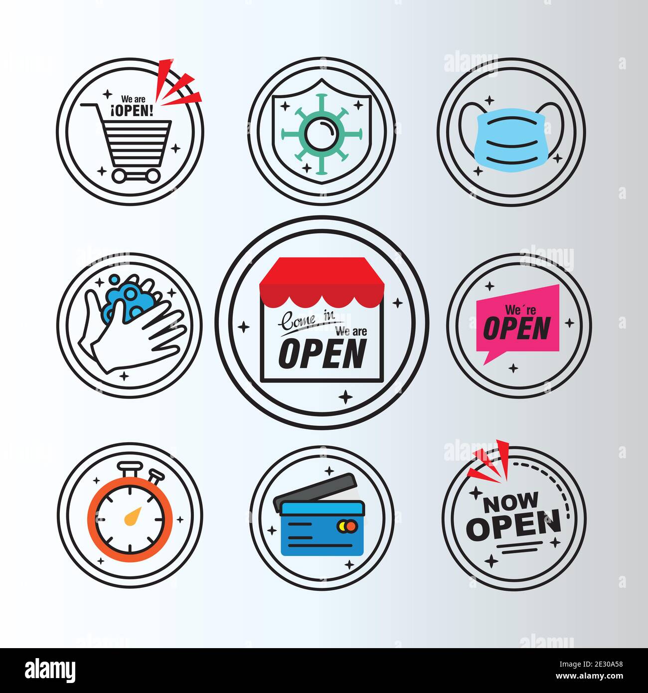 bundle of nine reopening labels set half line style icons in gray ...