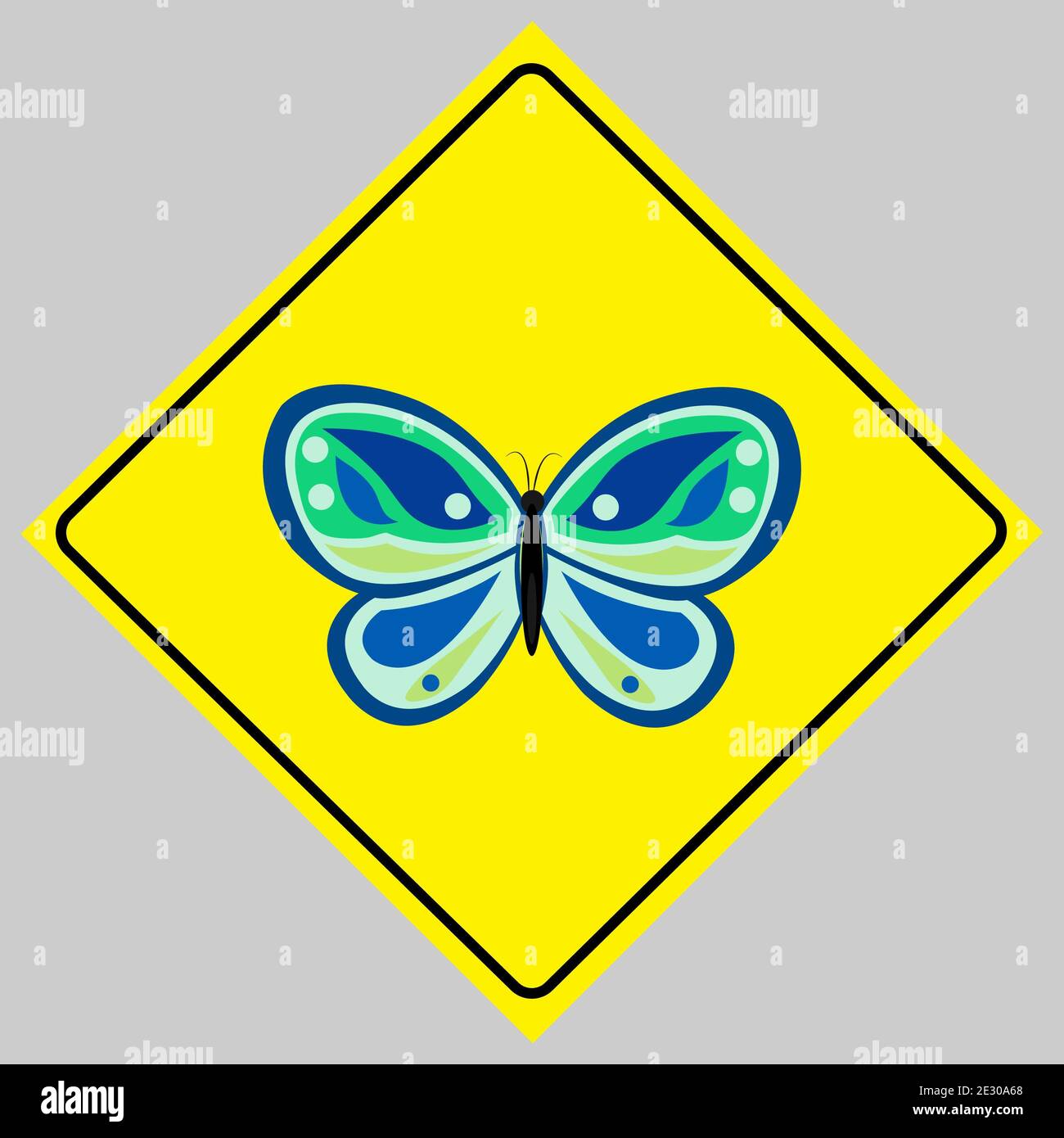 Isolated shot of butterfly caution yellow road sign on a white ...