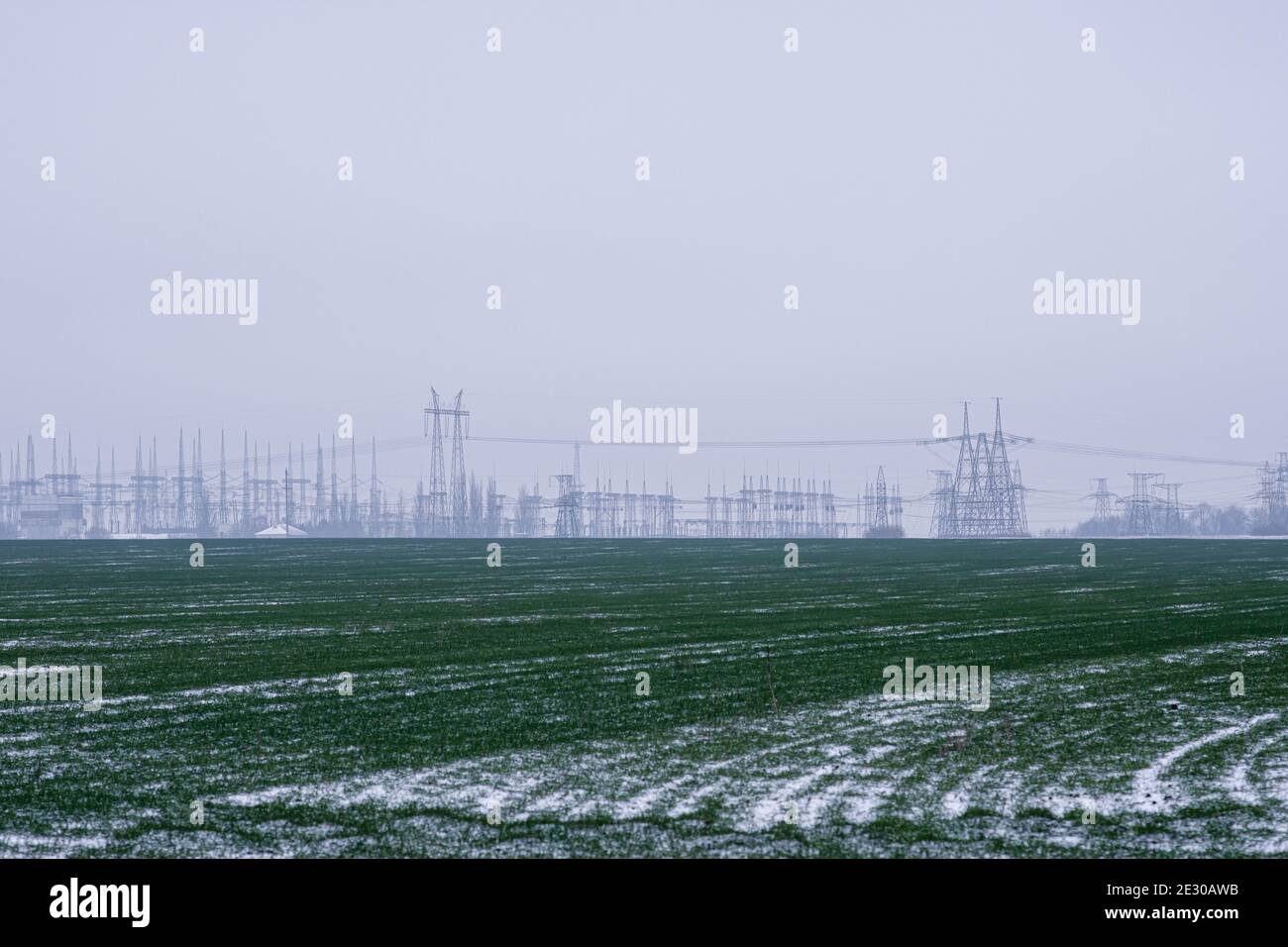 agricultural landscape in the Ukraine with high voltage power lines and ...